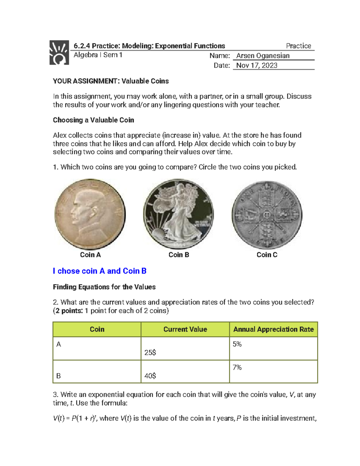 6.2.4 Practice - Modeling Exponential Functions Assignment Guide - Studocu