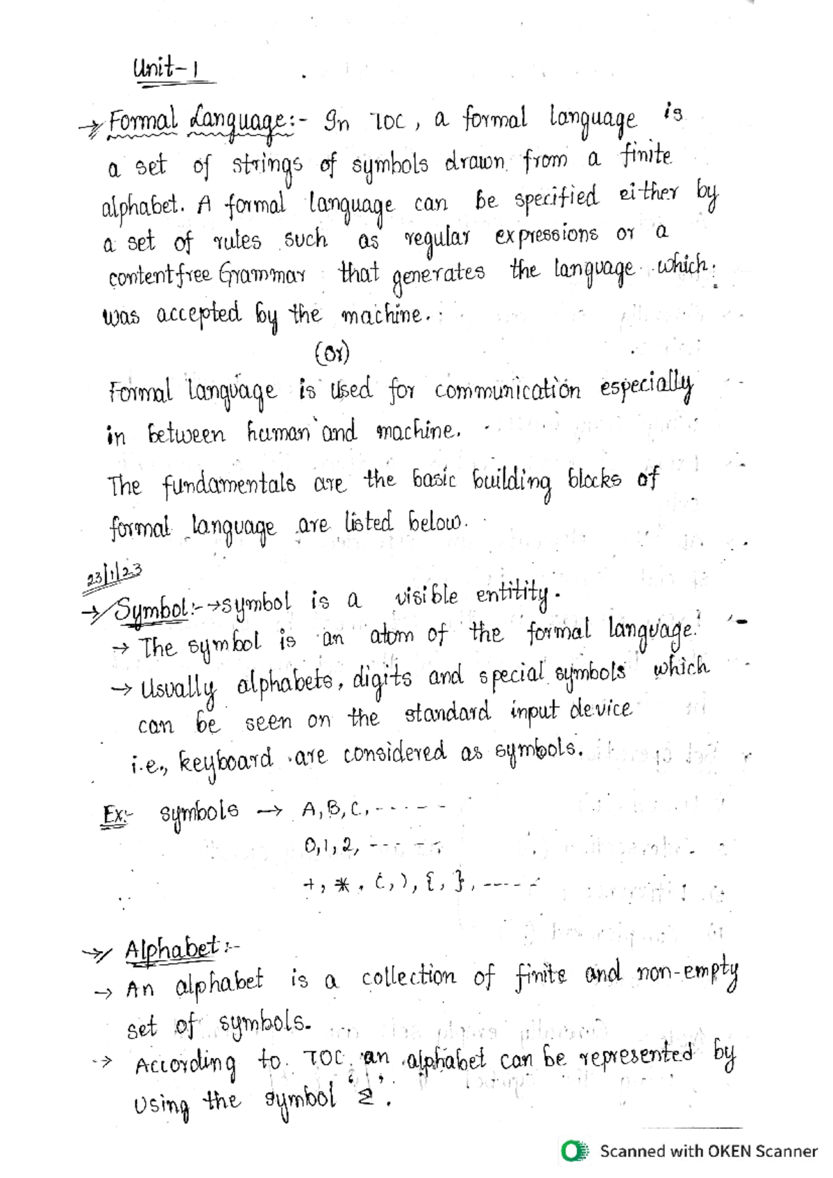 Toc Unit 1 Facuilty Notes Formal In Toc A Formal Language Is A Set Of Strings Of Symbols