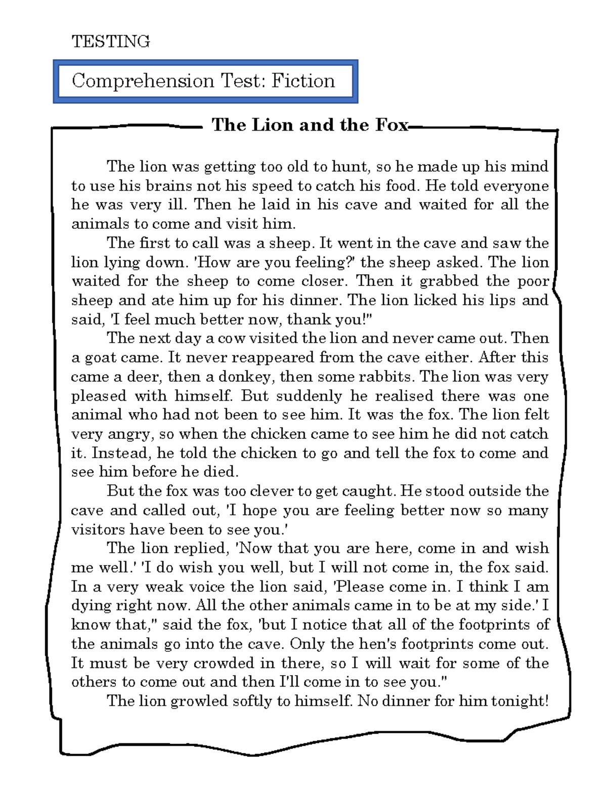 Understanding 'The Lion and the Fox' - Comprehension Test - Studocu