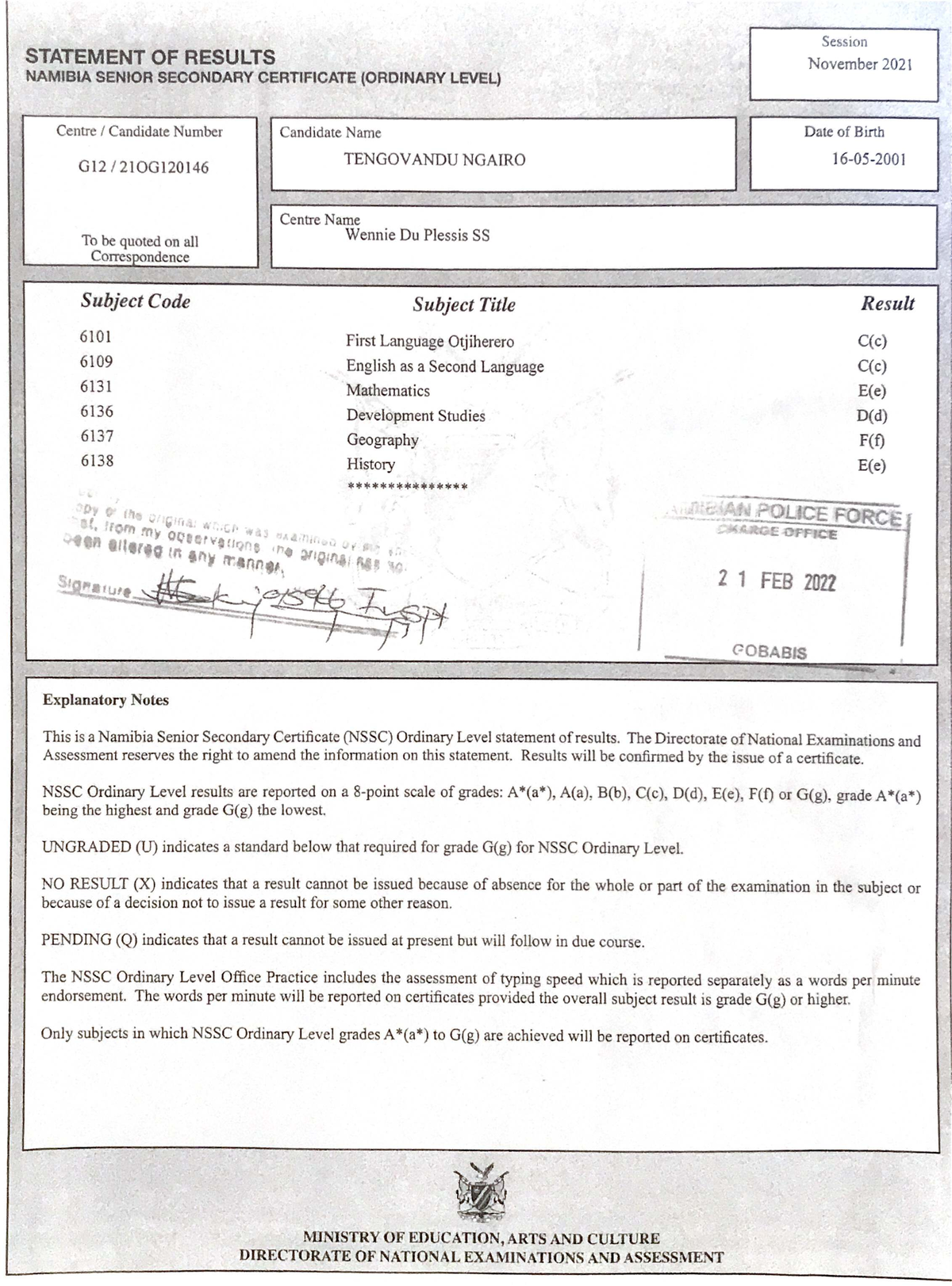 NSSC Ordinary Level Results - November 2021 - Namibia - Studocu