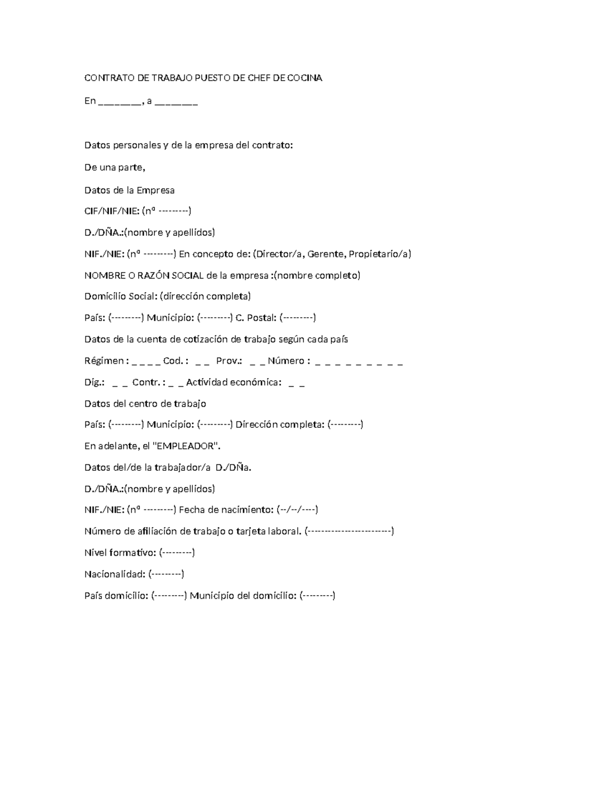 Contrato de Trabajo: Chef de Cocina - Detalles y Condiciones - Studocu