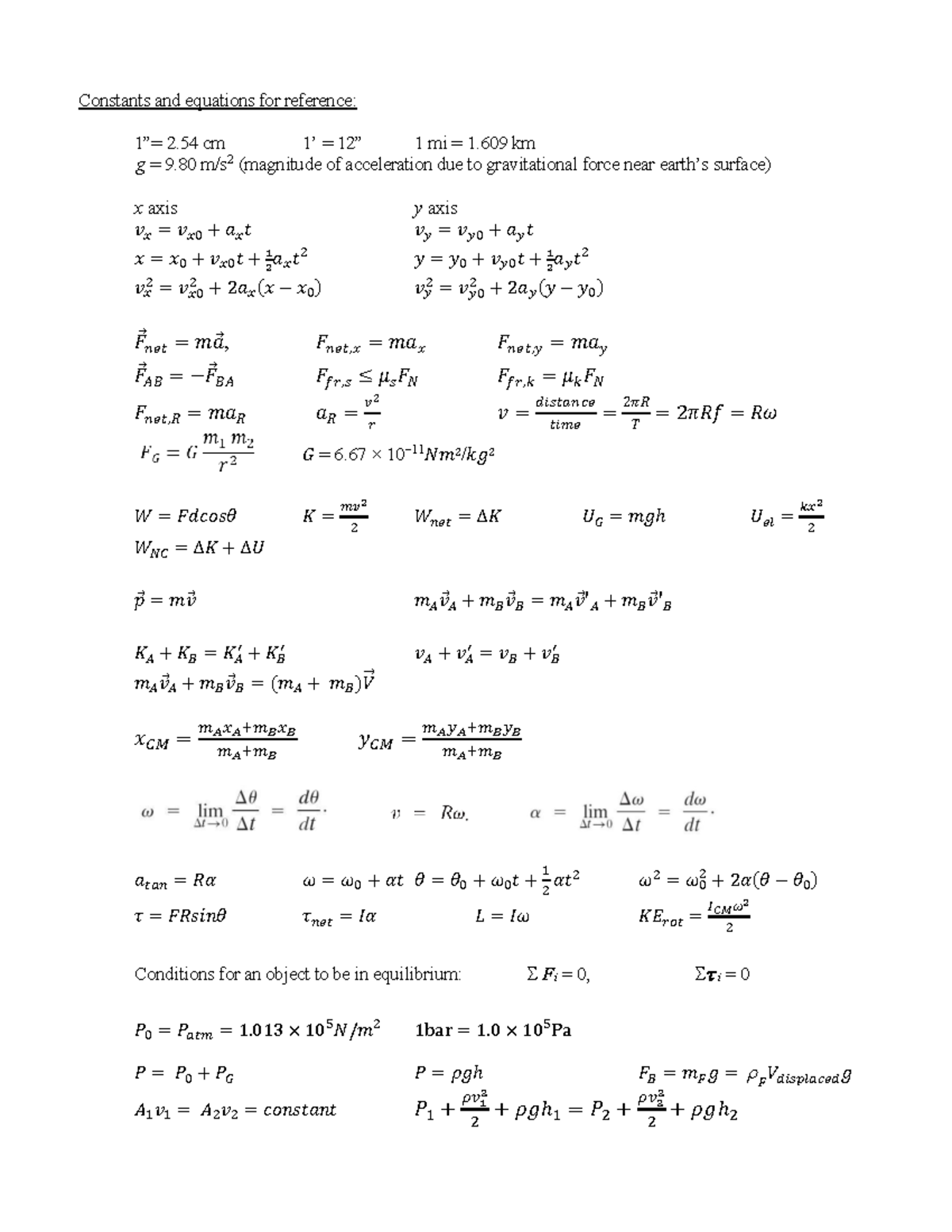 2021 F 2025 FE Equation Sheet: Constants & Reference Equations - Studocu