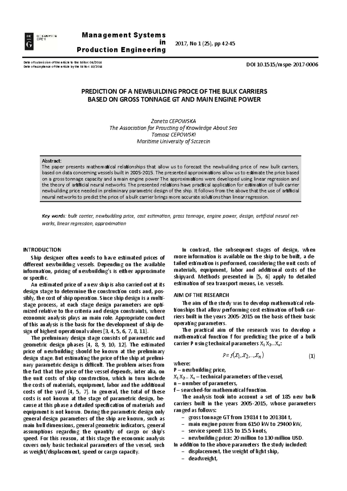Prediction of Newbuilding Prices for Bulk Carriers Based on GT and ...