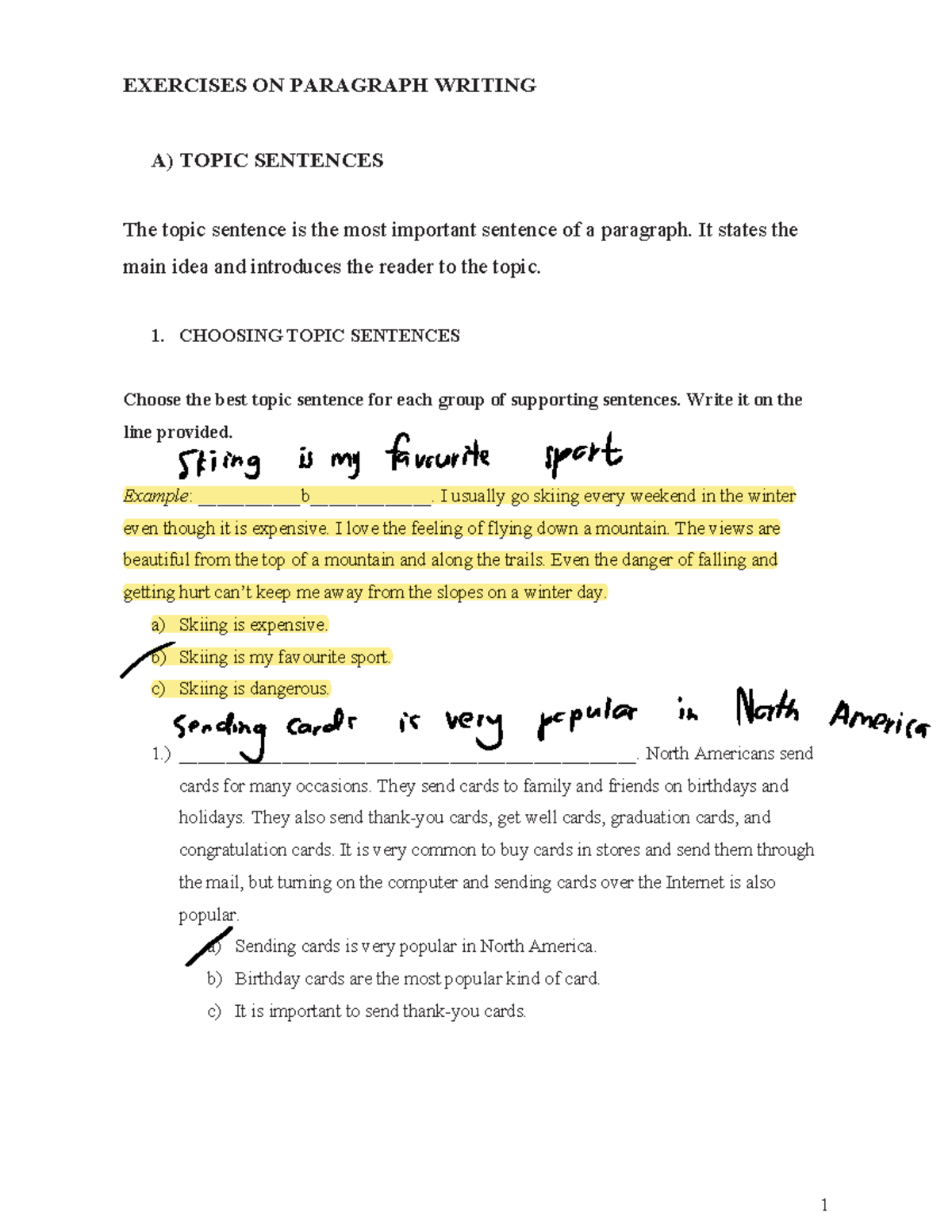 Exercises on Paragraph Writing: Topic Sentences and Supporting Details ...