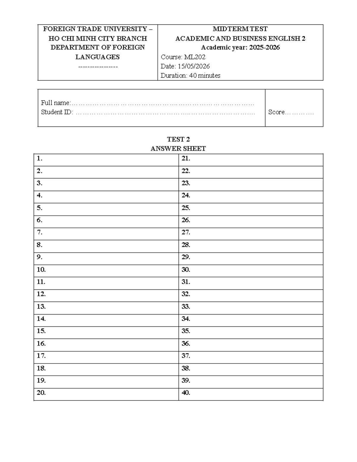 ML202 Midterm Test: Academic & Business English 2 Answers - Studocu