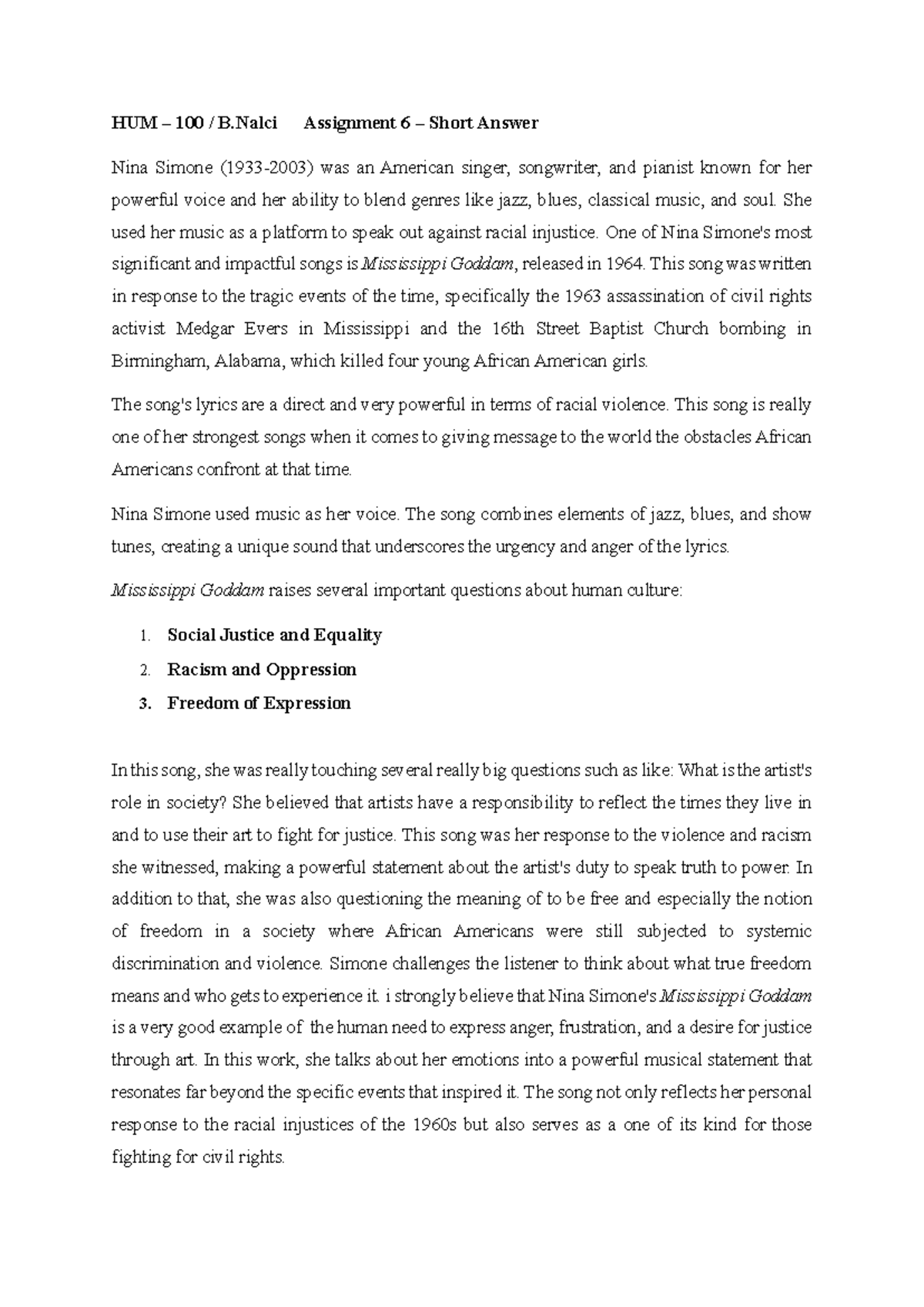 HUM 100 Assignment 6: Analyzing Nina Simone's "Mississippi Goddam ...