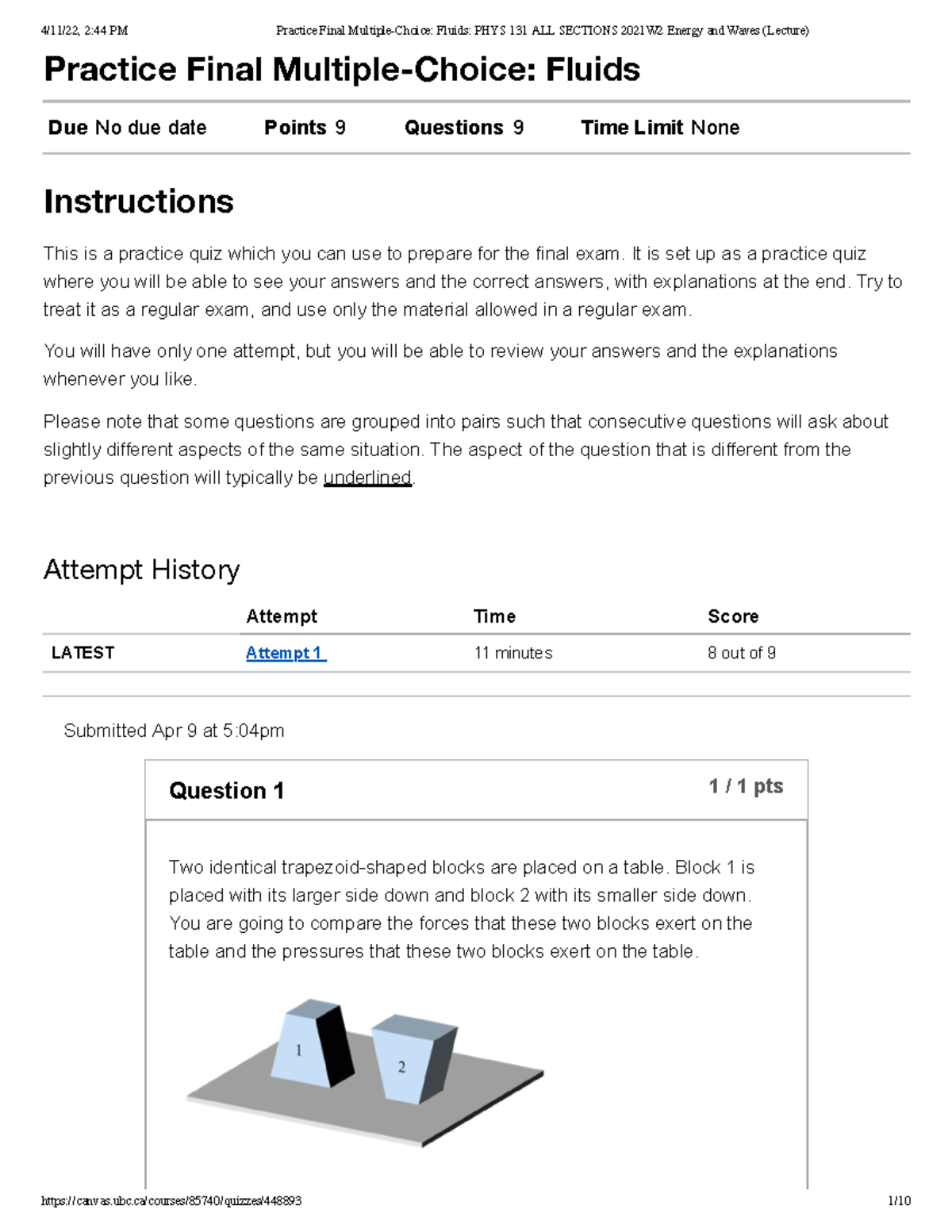 Practice Final Multiple-Choice Fluids PHYS 131 ALL Sections 2021W2 ...