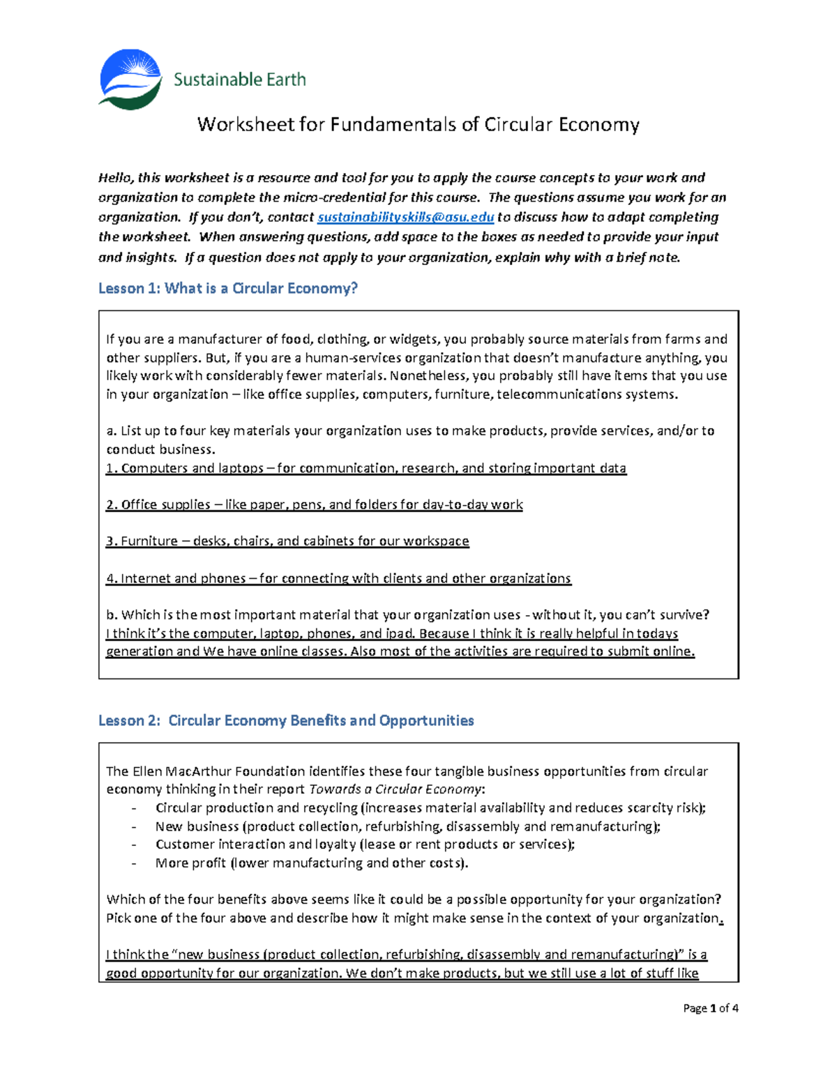 Worksheet for Circular Economy Fundamentals (CE 101) - Studocu