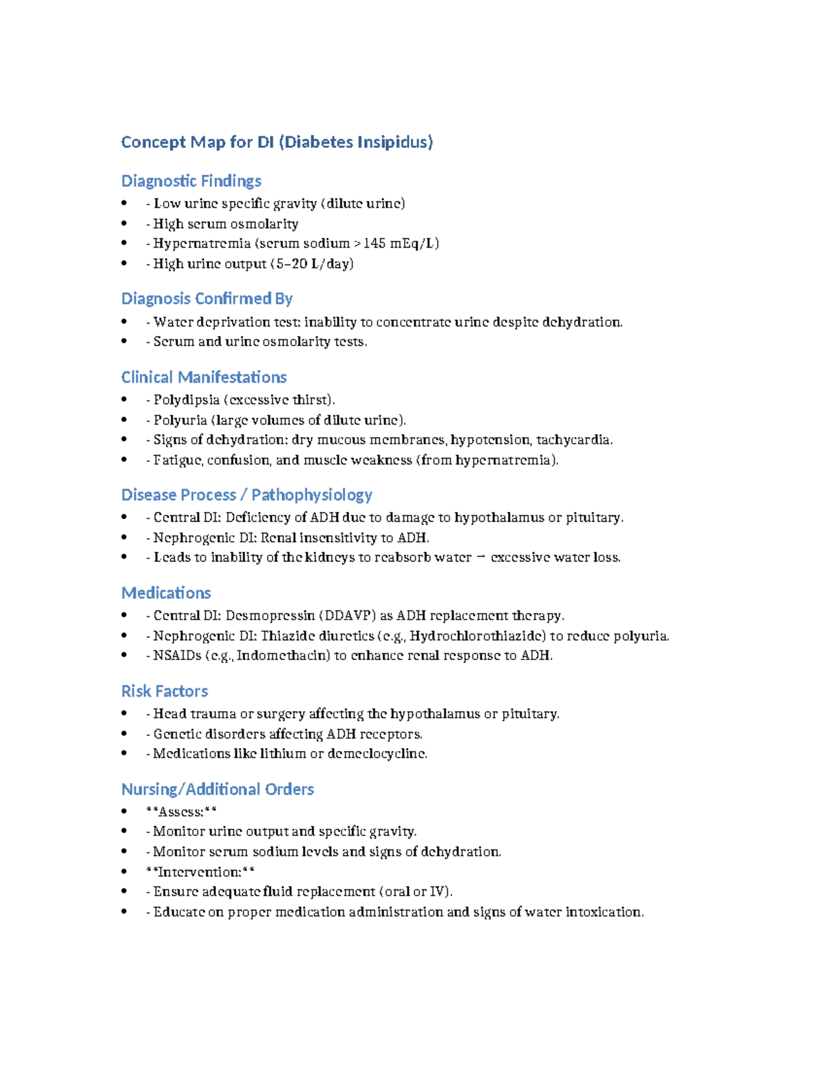 DI Concept Map for Understanding Diabetes Insipidus (DI ...