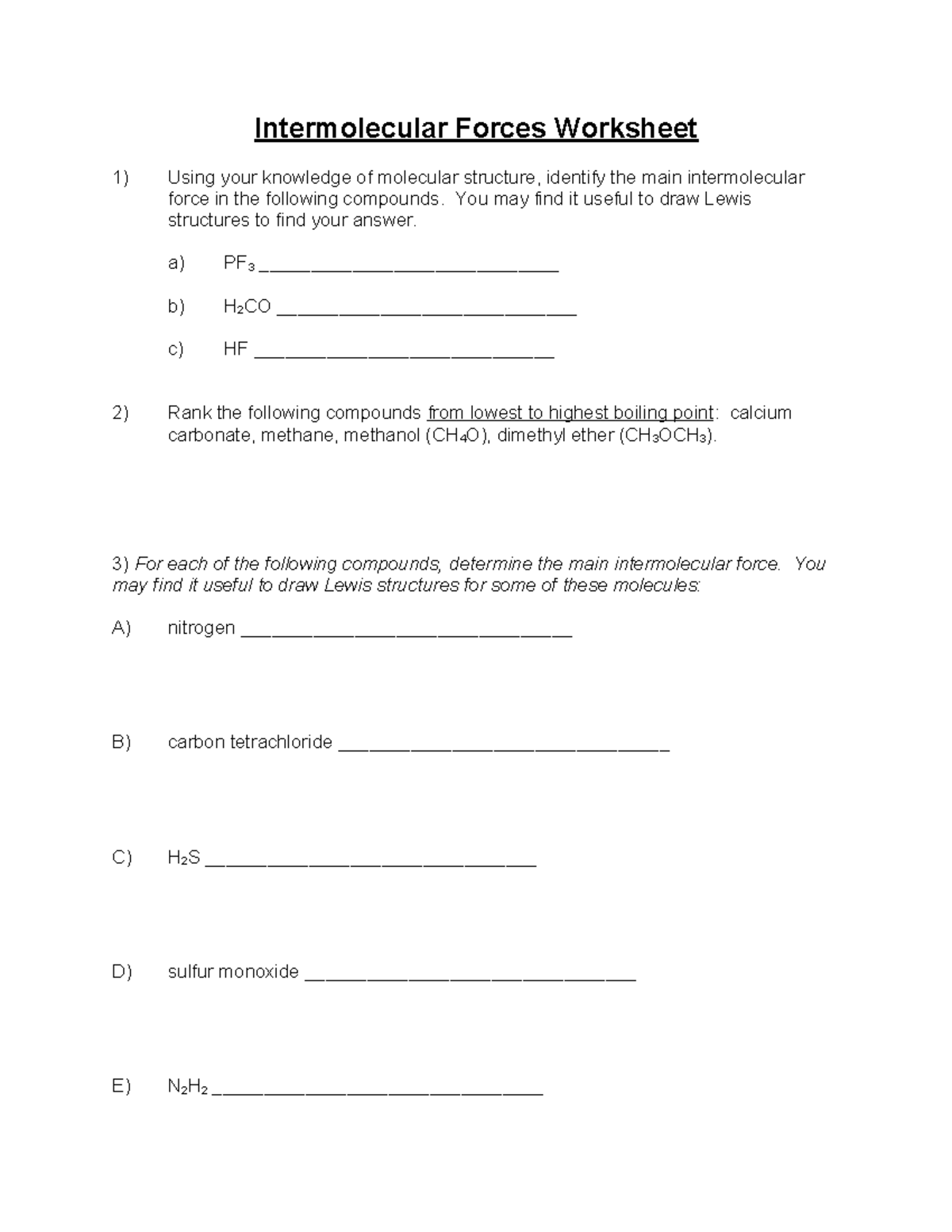 Intermolecular Forces Worksheet (Chemistry 101) - Key Concepts ...
