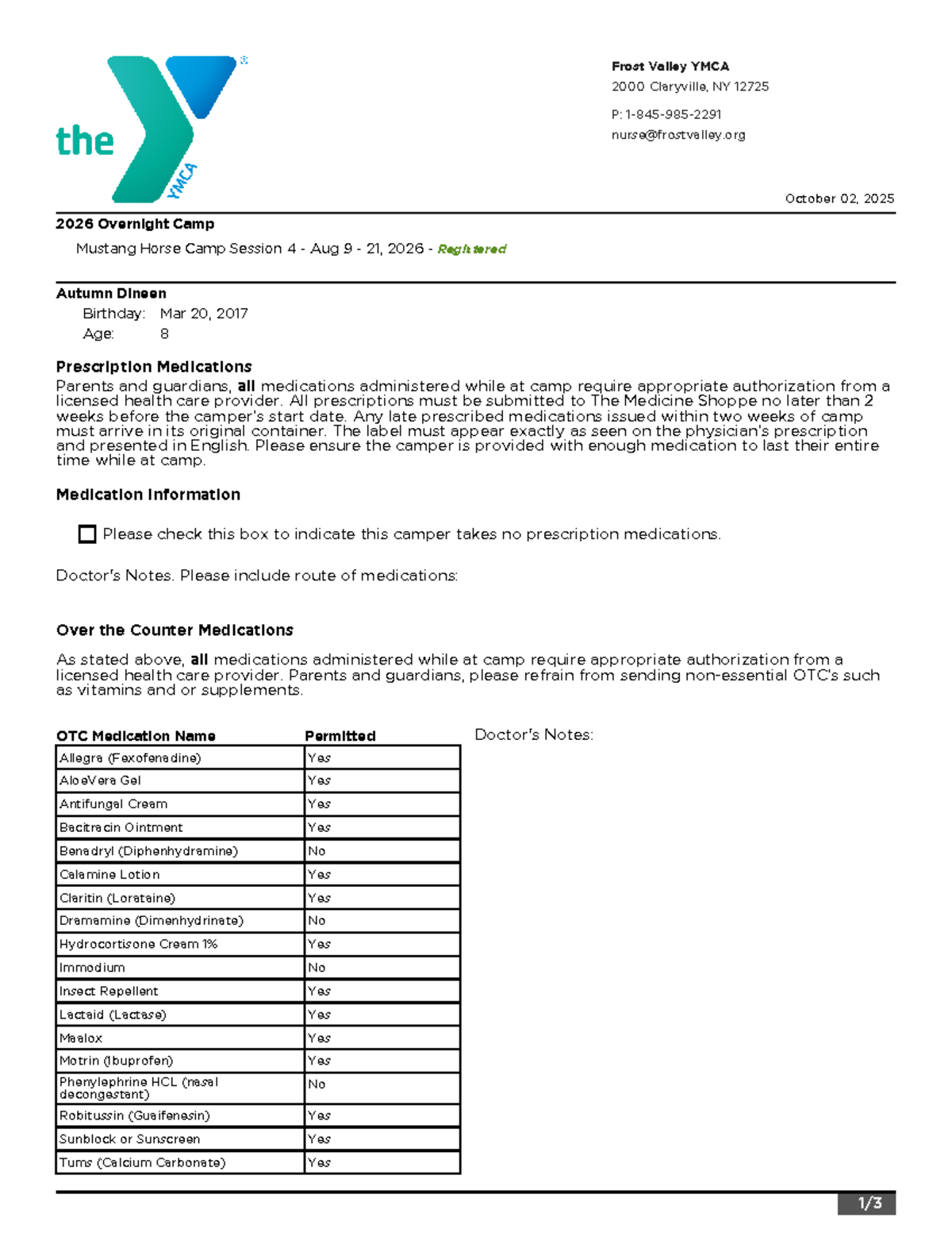 Frost Valley YMCA Camp Mustang Meds Info & Authorization Form 2026 ...