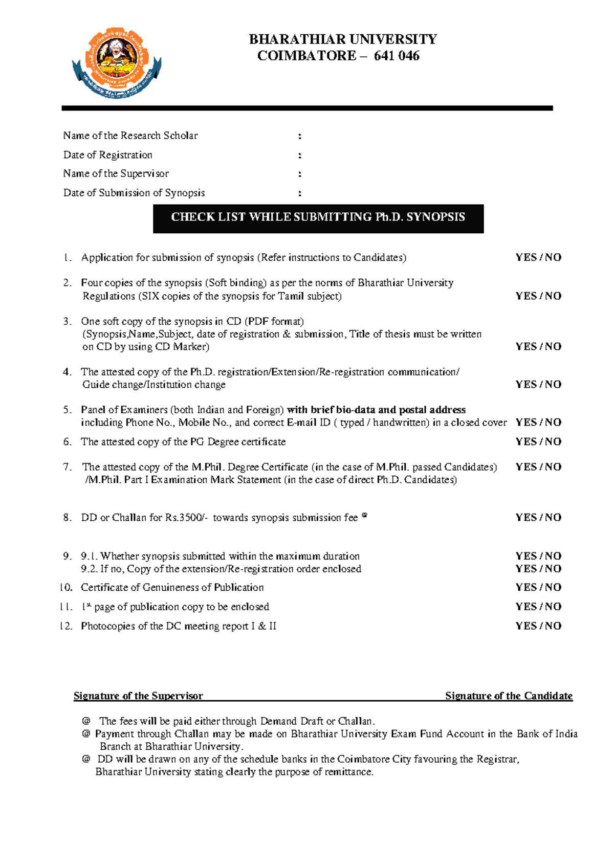 Ph.D. Synopsis Submission Checklist - Bharathiar University - Studocu