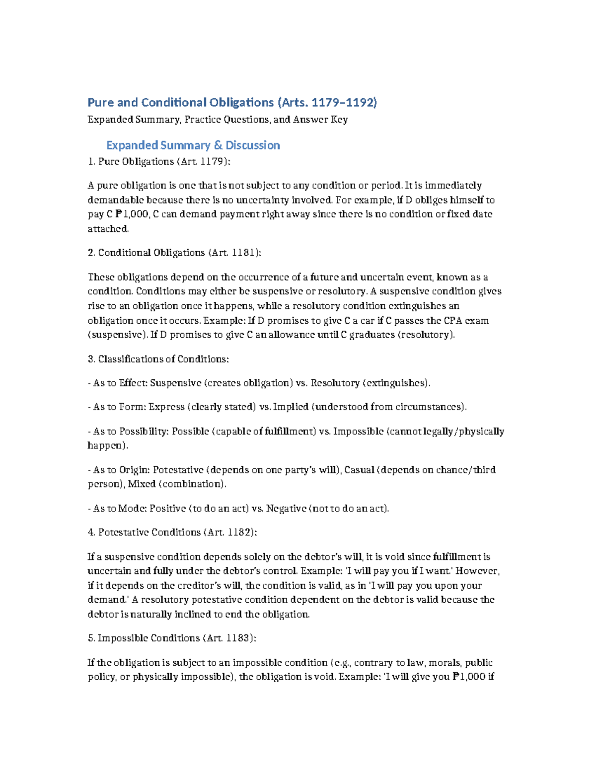 Oblicon Reviewer: Pure & Conditional Obligations Summary and Q&A - Studocu