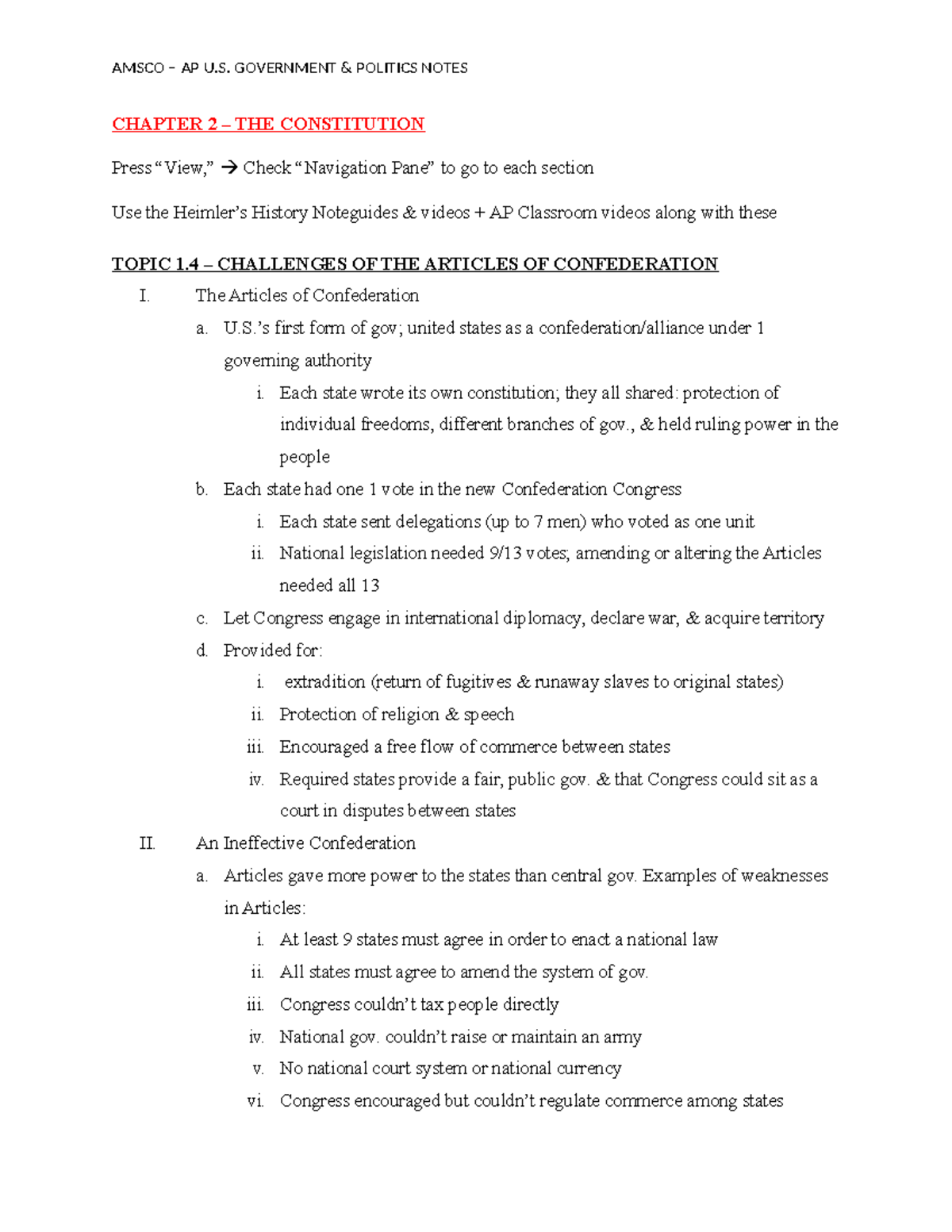 AMSCO AP U.S. GOVERNMENT POLITICS NOTES: CHAPTER 2 - THE CONSTITUTION ...