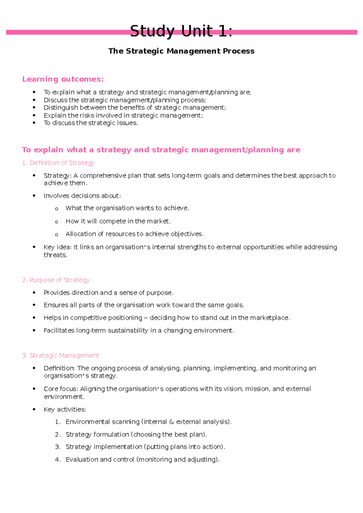 Study Unit 1: Strategic Management Process Overview and Insights - Studocu