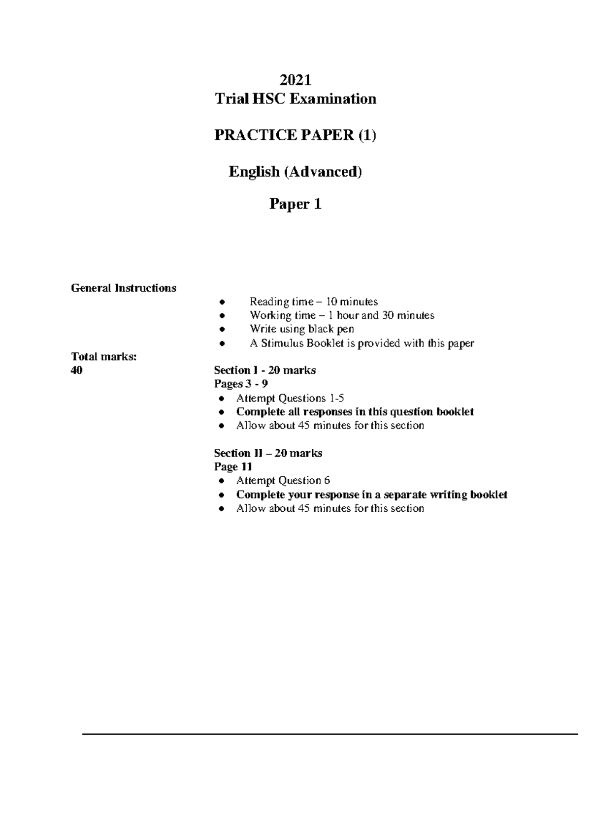 MHS ADV 2020 Trial HSC Examination Practice Paper 1 - Studocu