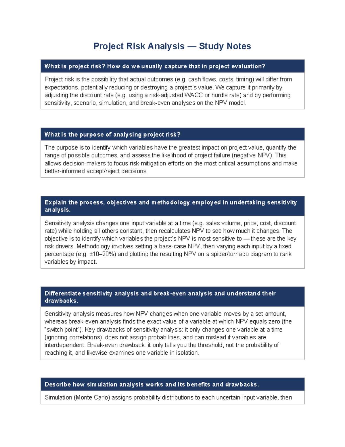 Project Risk Analysis Study Notes: Key Concepts & Methods - Studocu