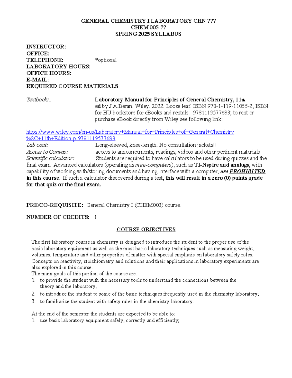 CHEM 005 Spring 2025 Suggested Laboratory Syllabus and Guidelines - Studocu