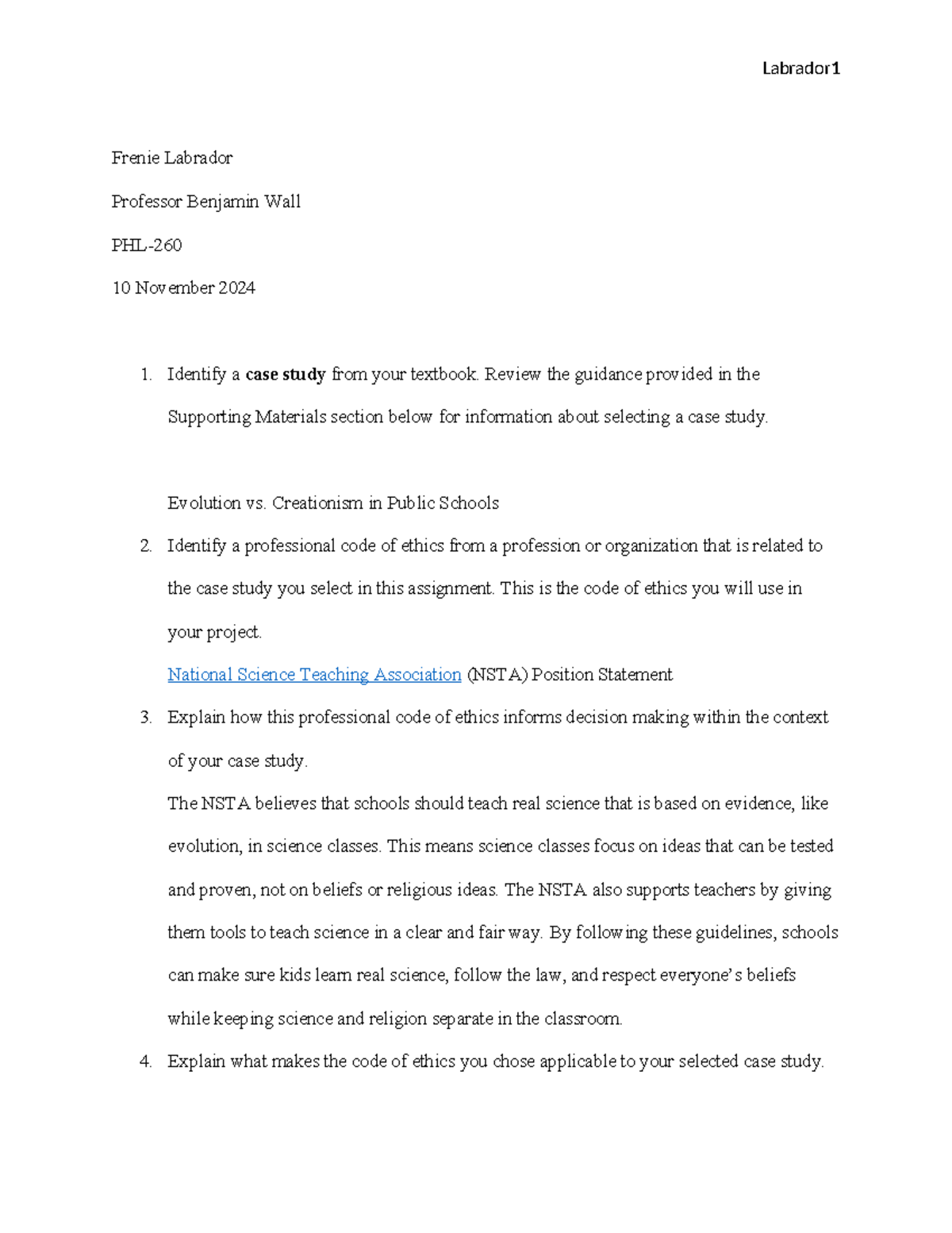 PHL-3-2 Project Draft: Ethics in Evolution vs. Creationism Case Study ...