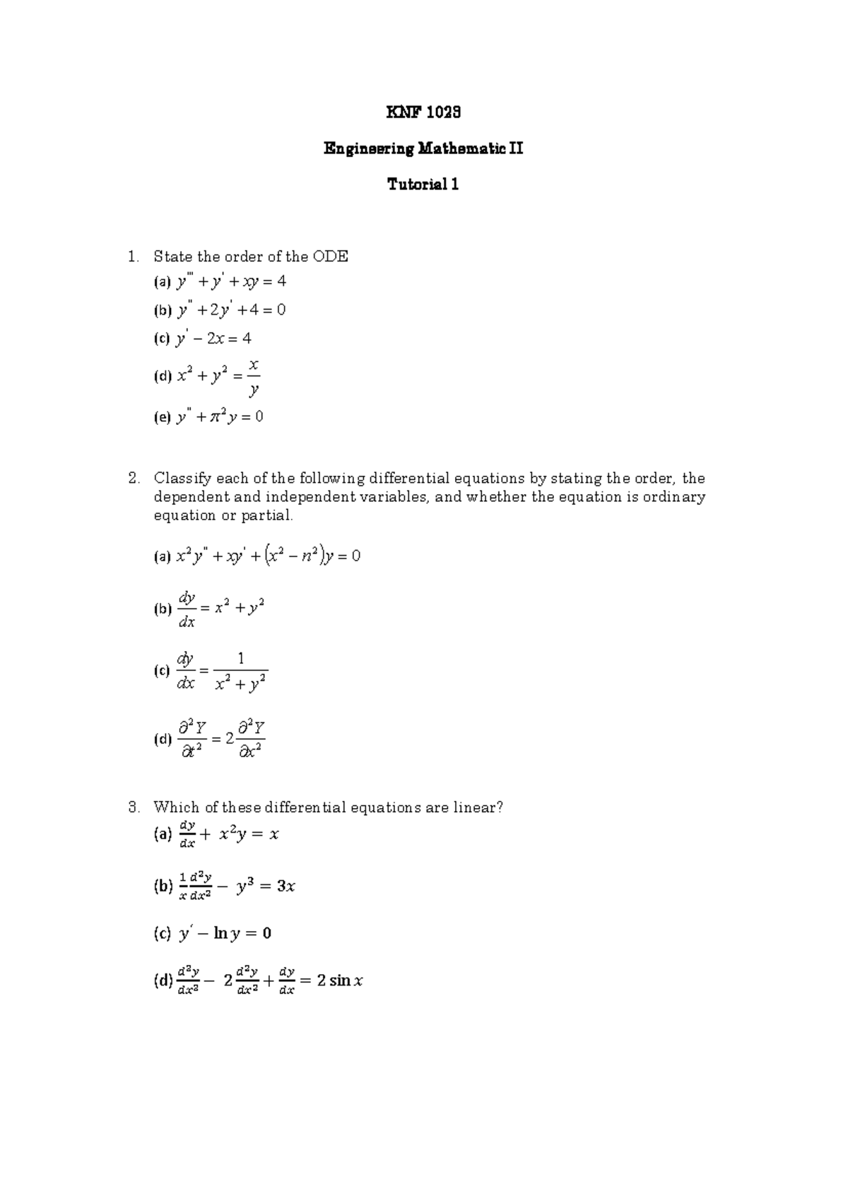KNF 1023 Engineering Mathematics II Tutorial 1: ODE Classification and Analysis - Studocu