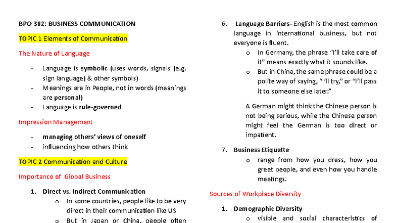 BPO 302: Business Communication - Key Elements and Cultural Insights ...