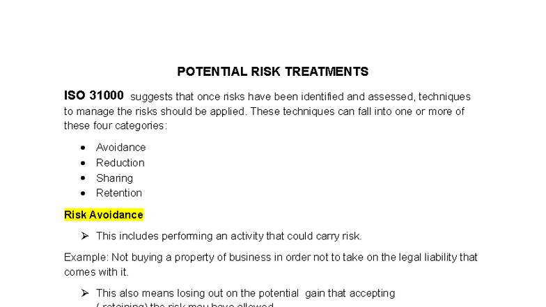 POTENTIAL RISK TREATMENTS: ISO Guidelines for Management - Studocu