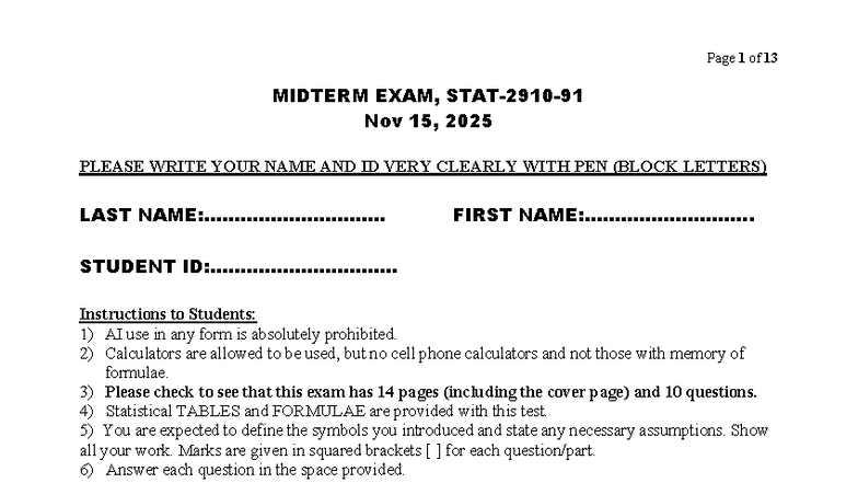 Statistics Midterm Exam (Course Code: STAT101) - Nov 15, 2025 - Studocu