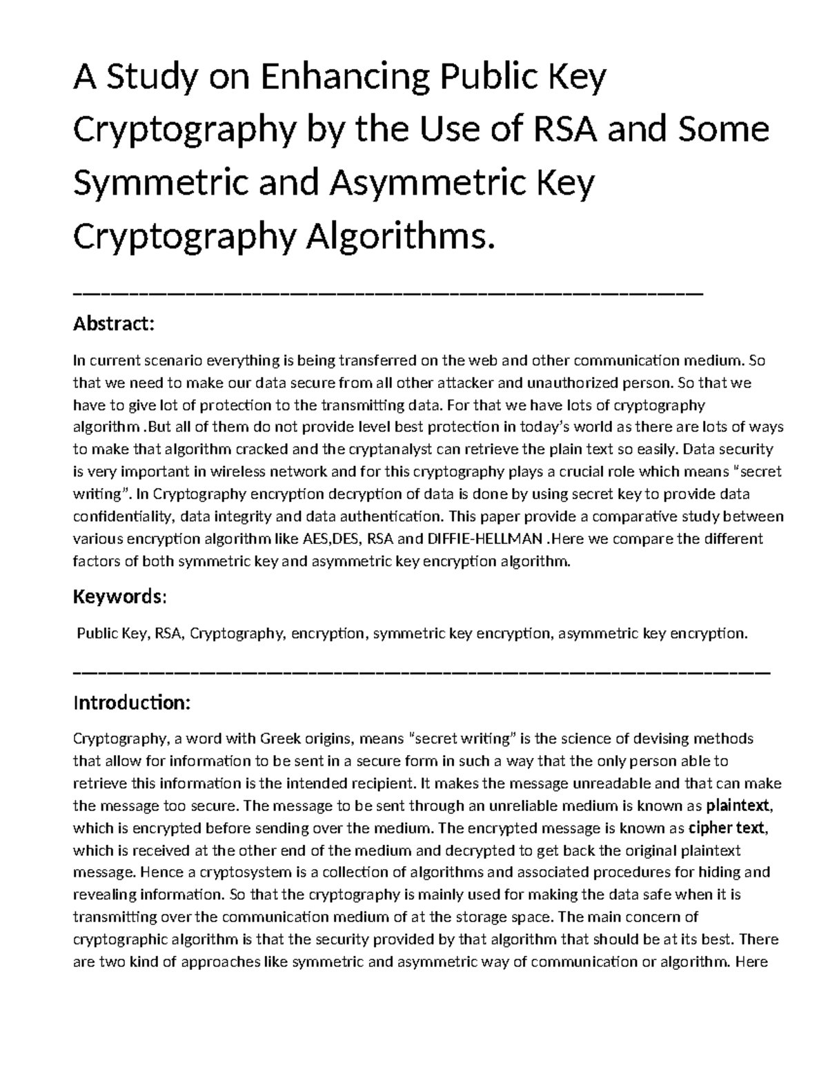 Comparative Study of Cryptography Techniques: RSA & Key Algorithms - Studocu