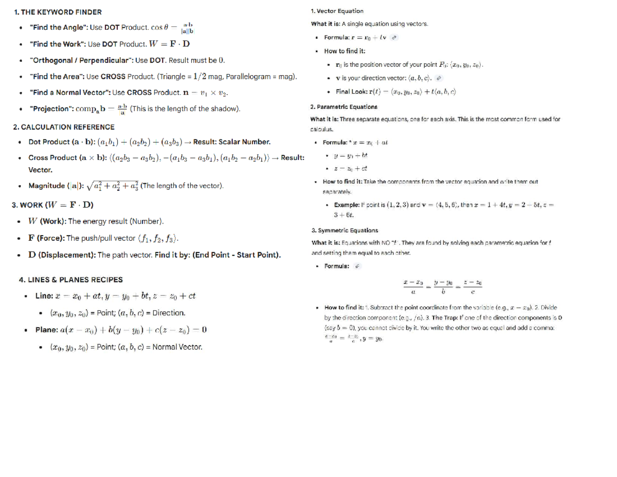 CALC 1 Midterm Cheat Sheet: Vector Equations & Products - Studocu