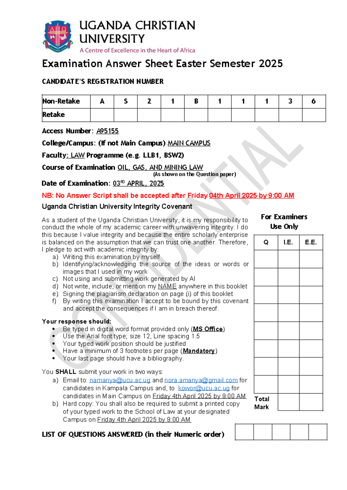 Examination Answer Sheet: OIL, GAS, AND MINING LAW (LAW 2025) - Studocu