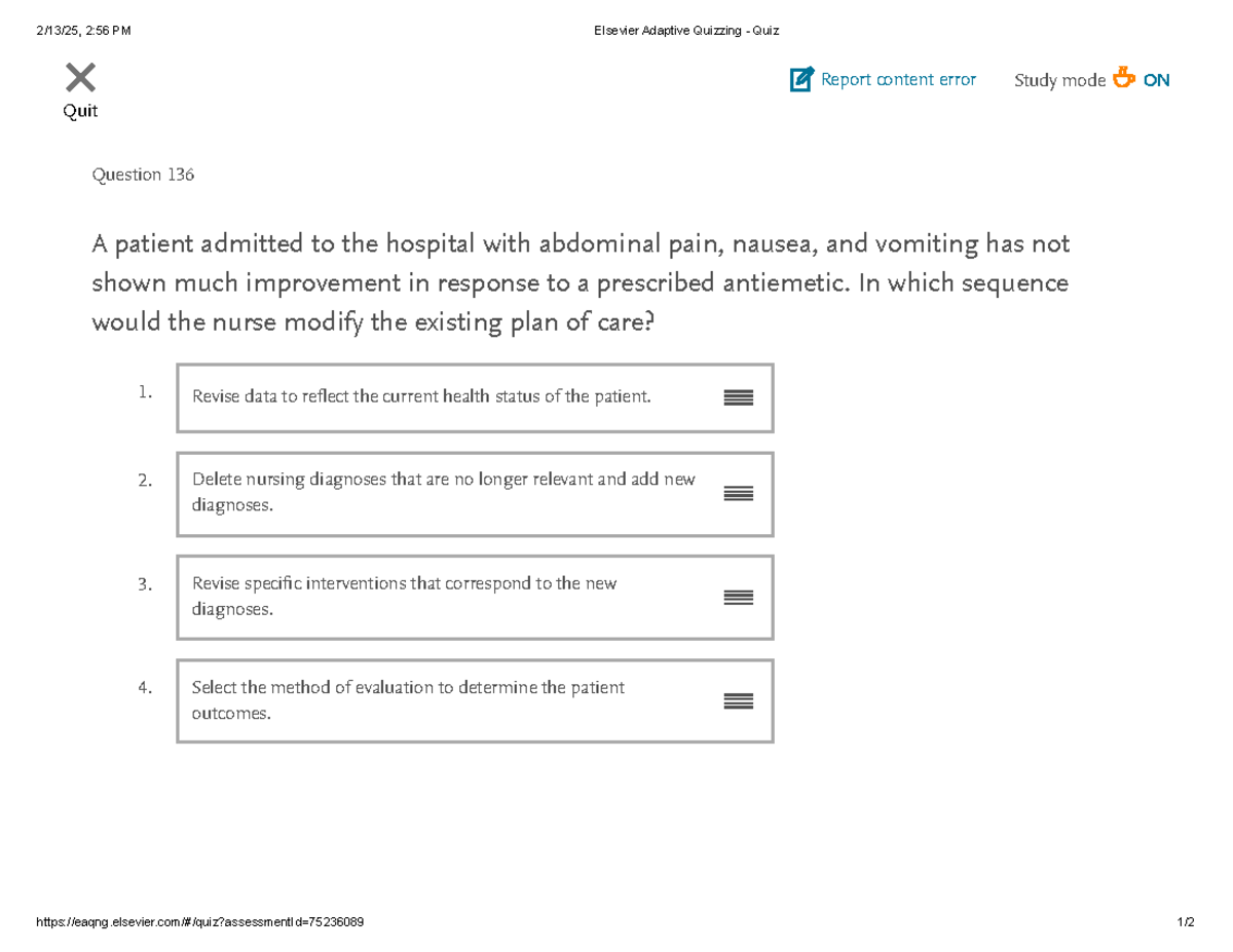 Response Diagnosis - not - Quit Report content error Study mode ON Question 136 A patient ...
