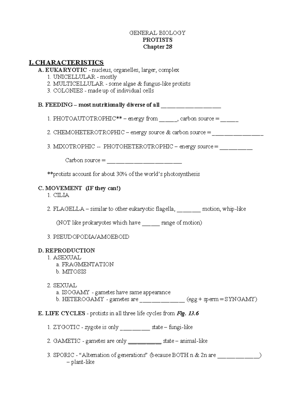 BIO 101: General Biology - Chapter 28 Outline on Protists - Studocu