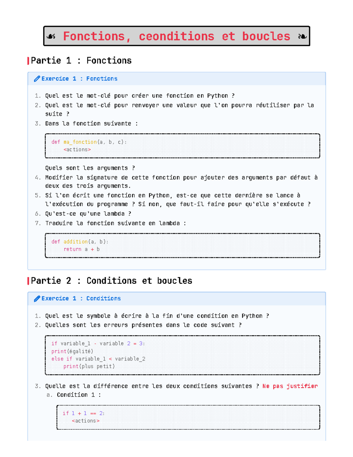 Cdt BCL FCT - Fonctions, Conditions et Boucles en Python - Studocu