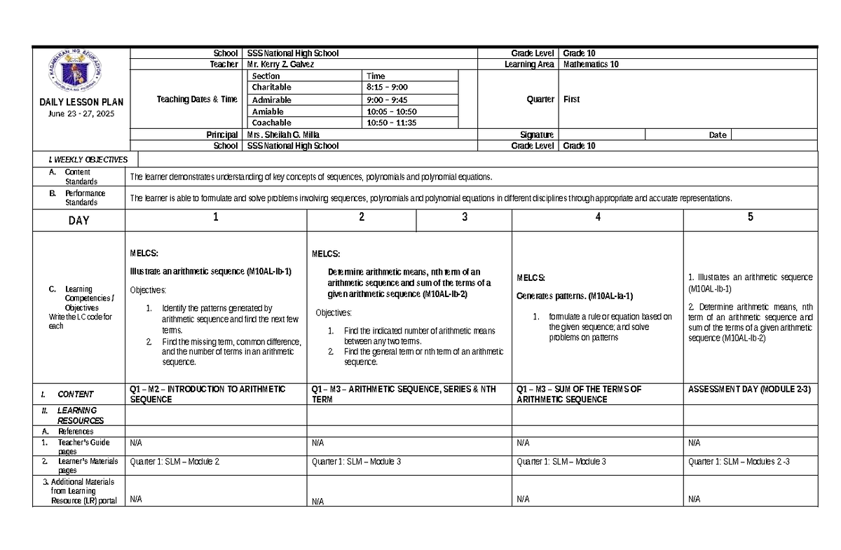 G10 Q1 Week 2 Daily Lesson Plan: Arithmetic Sequences & Series - Studocu