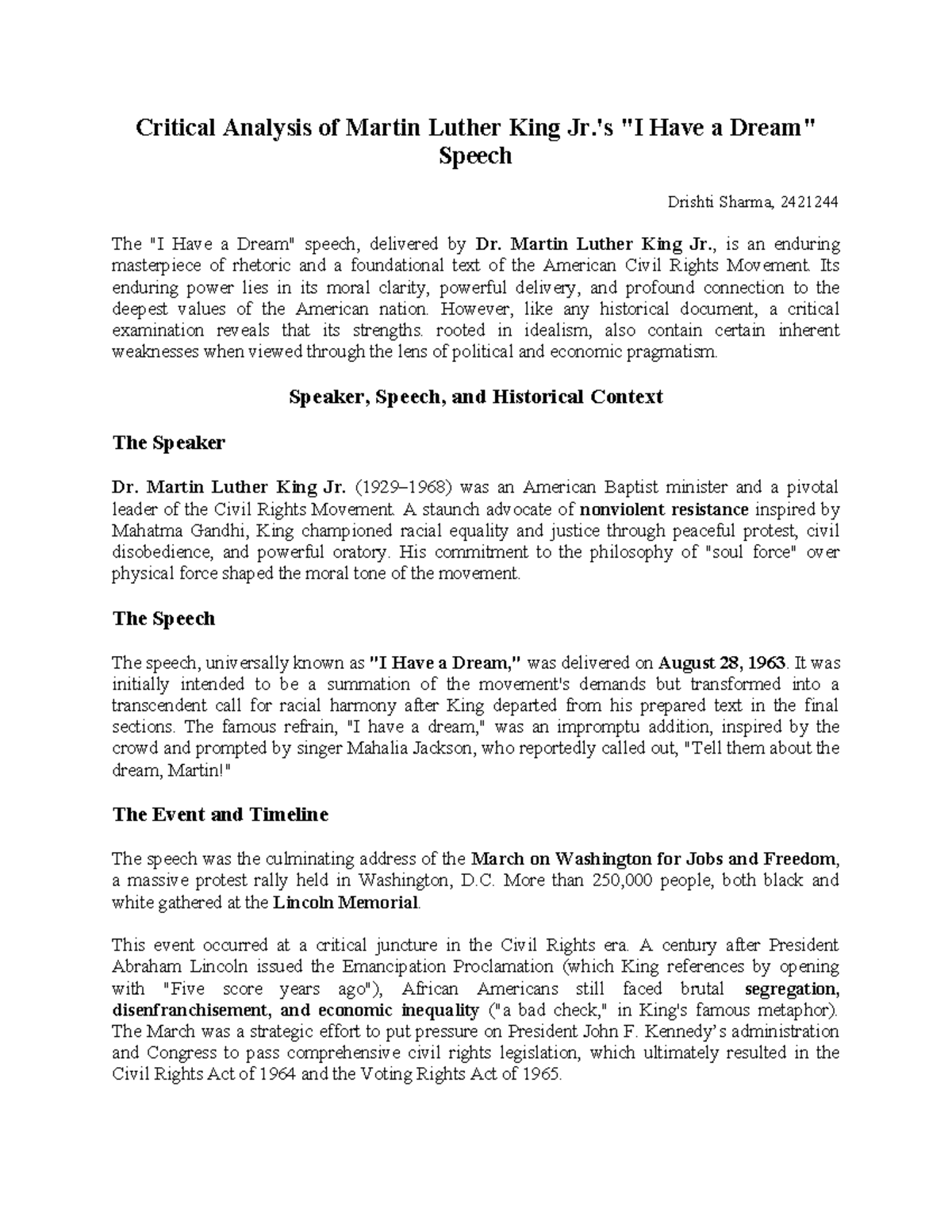 Critical Analysis of Martin Luther King Jr.'s "I Have a Dream" Speech ...