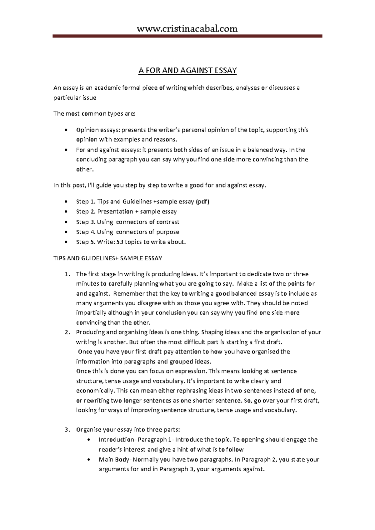 FOR AND Against - Resúmen tipo de writing para selectividad. Plantilla ...