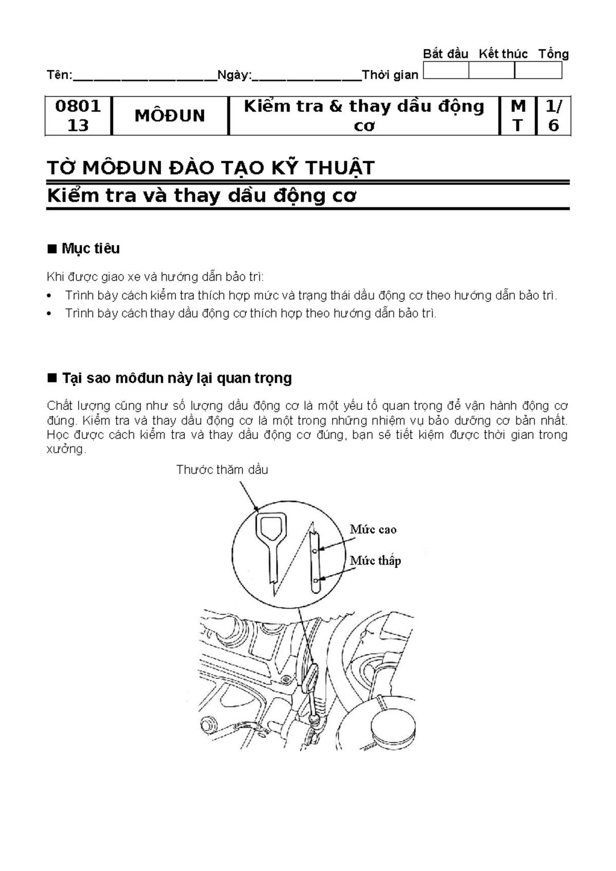 Kiểm tra và Thay Dầu Động Cơ M T 6 - Môđun 0801 13 - Studocu
