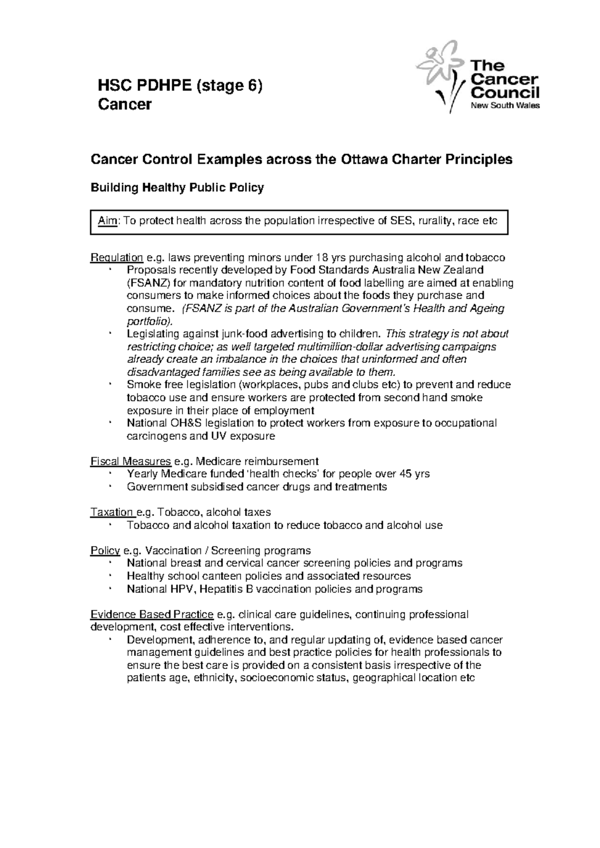Ottawa+charter+cancer summary lecture notes - HSC PDHPE (stage 6 ...