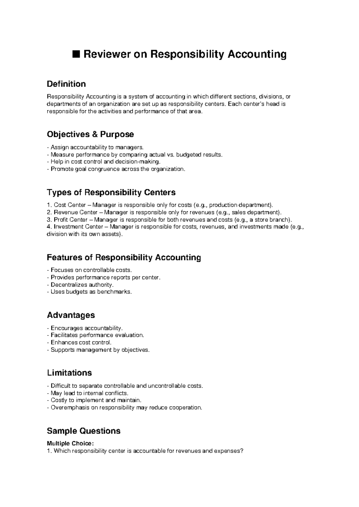 Responsibility Accounting Review: Definition & Key Concepts - Studocu