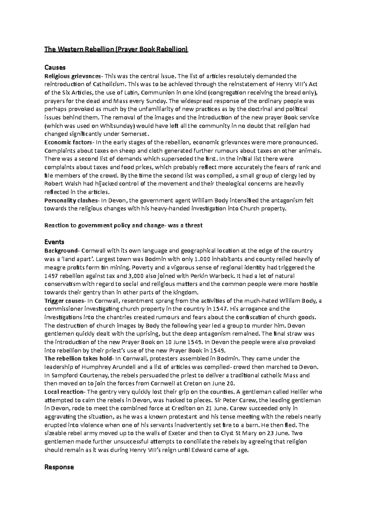 The Western Rebellion (Prayer Book Rebellion) - Causes & Events ...