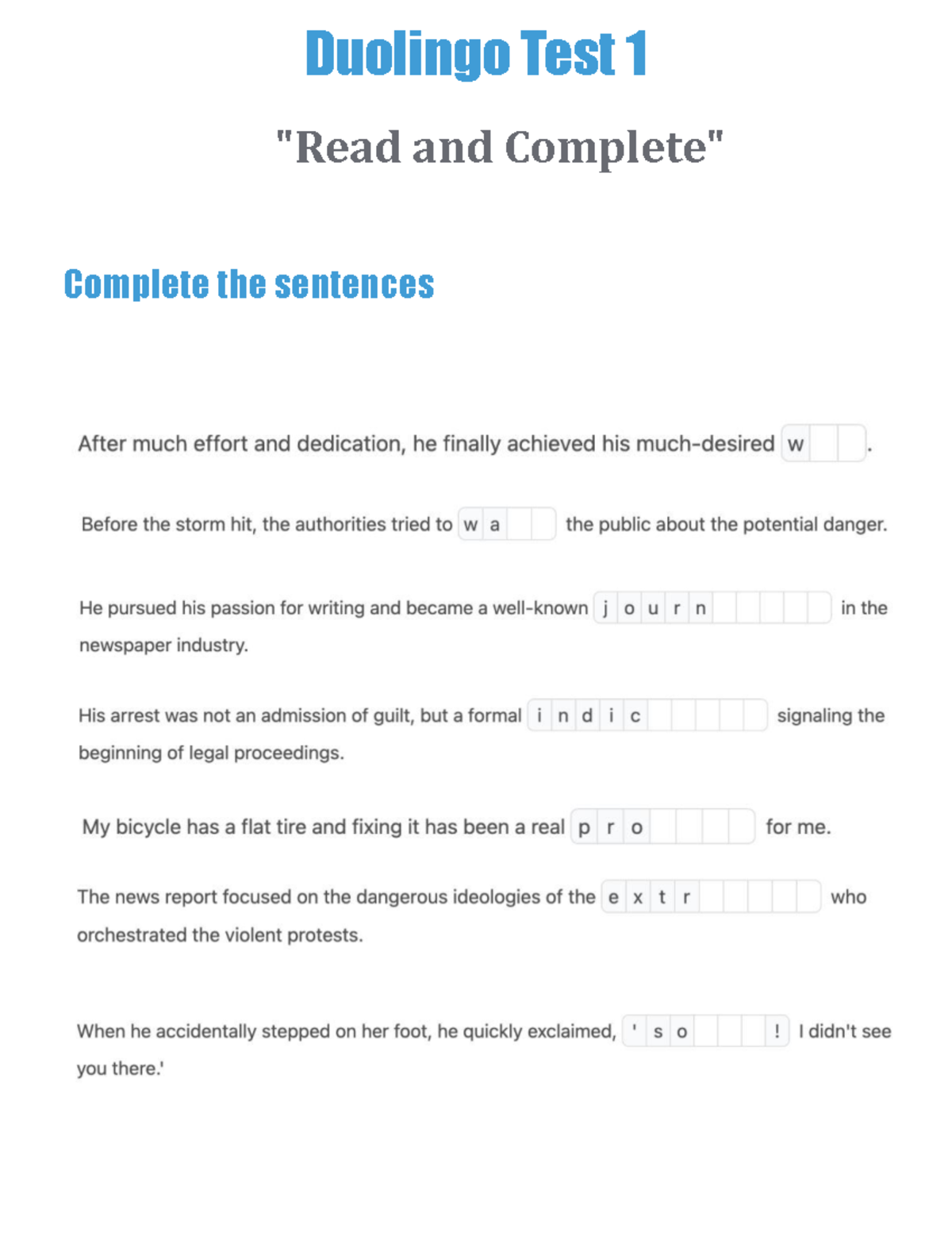 Duolingo Test 1 - inglés - Duolingo Test 1 and Complete the sentences ...
