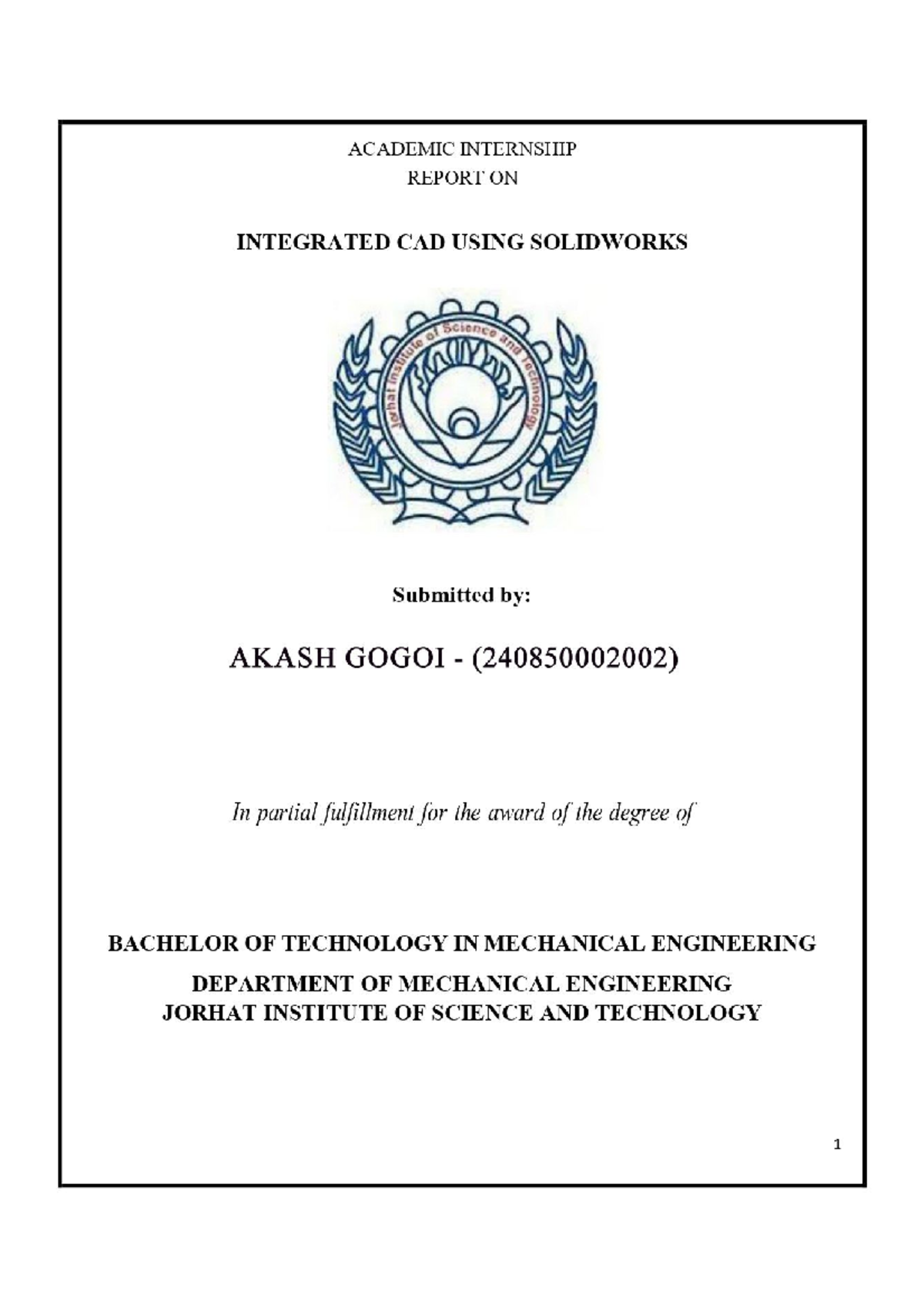 B.Tech 5th Sem Academic Internship Report on CAD Using SolidWorks - Studocu