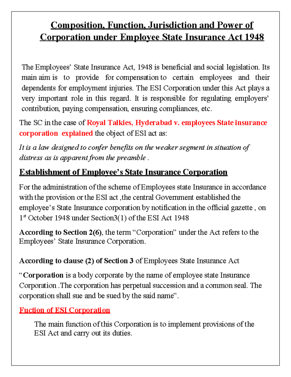 Composition, Function, and Powers of ESI Corporation under ESIA 1948 ...