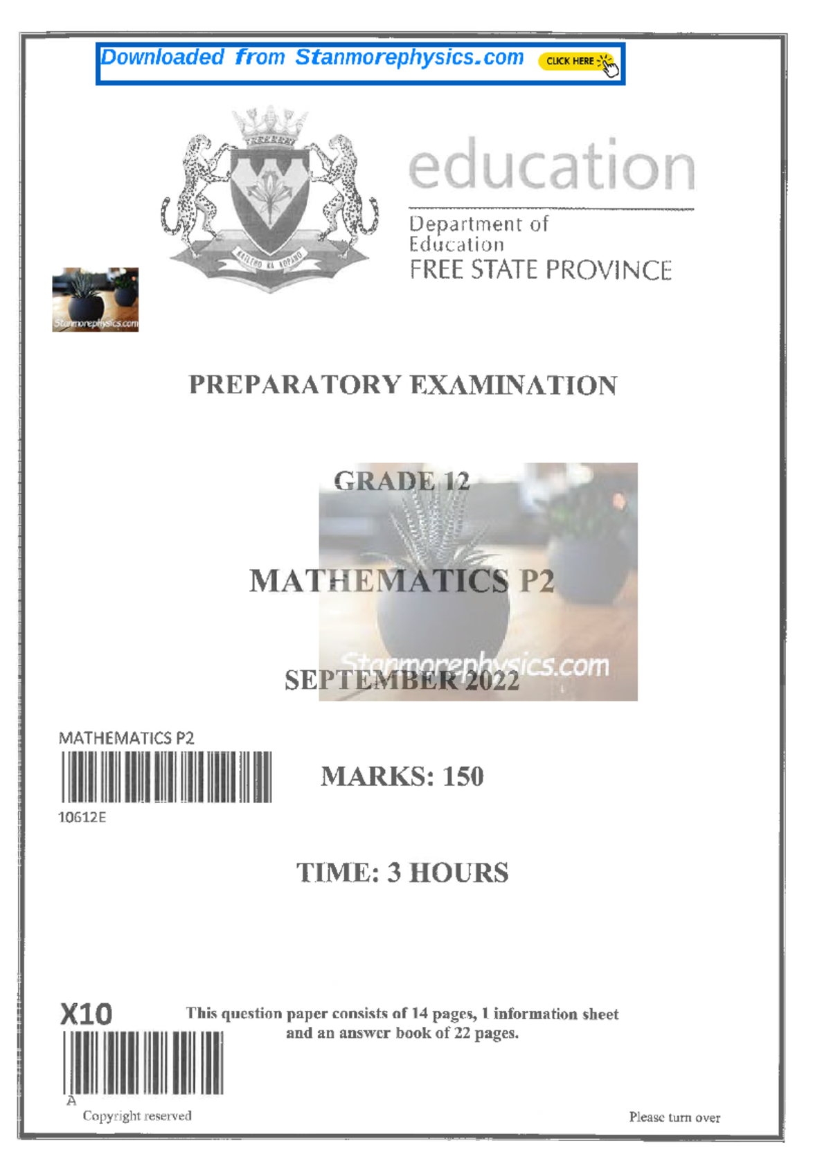 FS Maths Grade 12 Preparatory Exam Paper 2 & Memo SEPT 2022 - Studocu