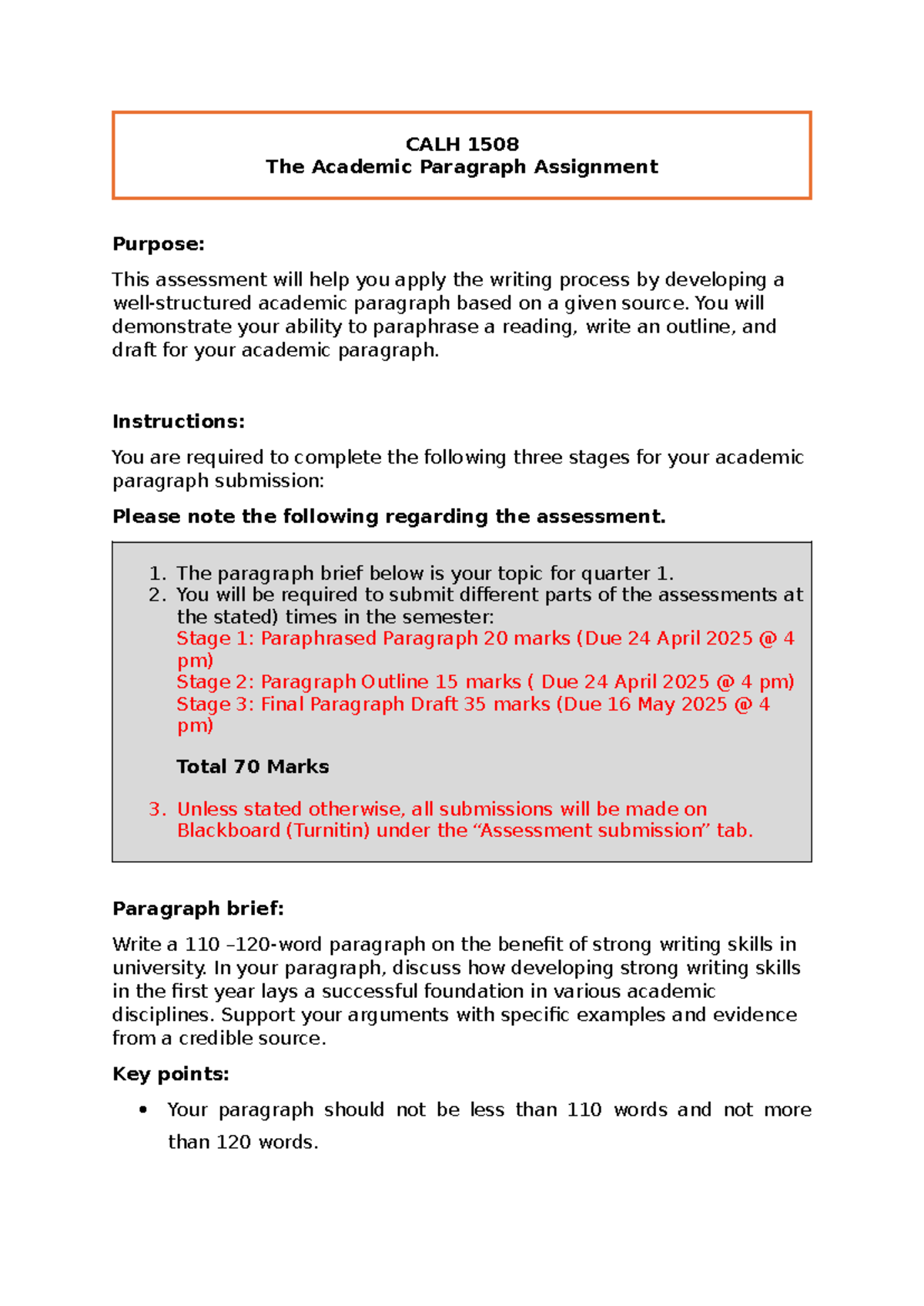 CALH 1508 Academic Paragraph Assignment: Writing Skills Benefits - Studocu