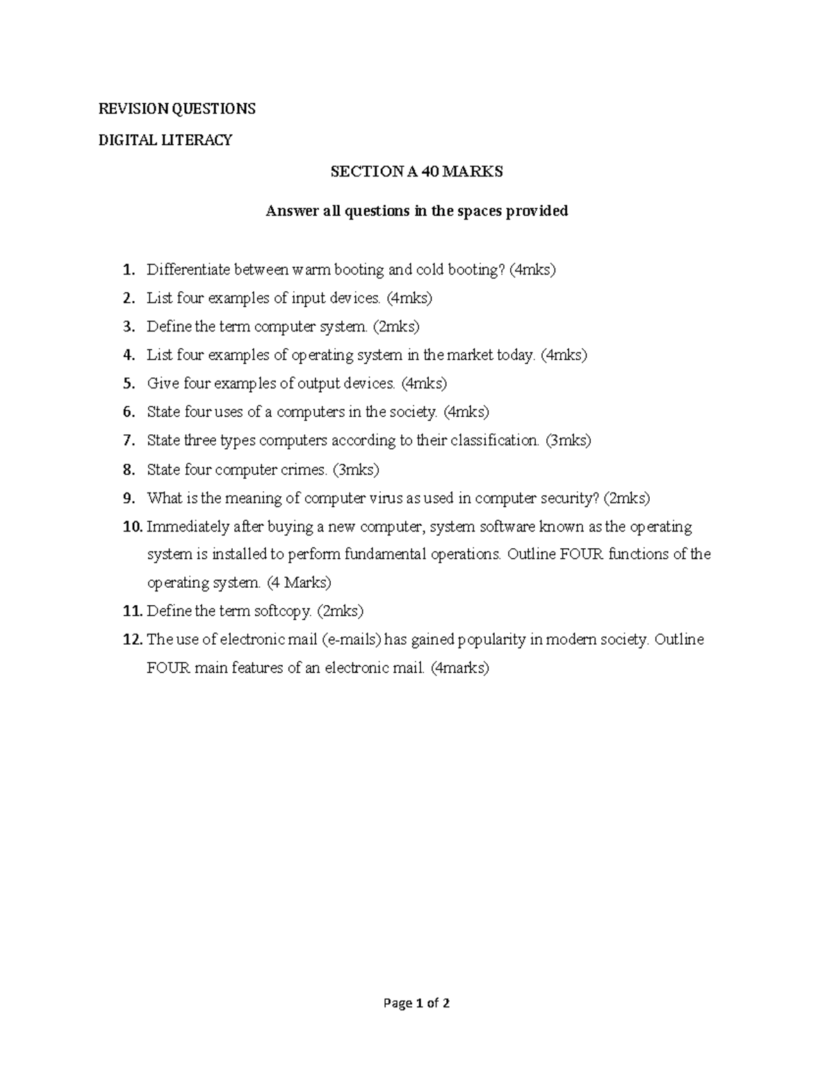 Revision - Page 1 of 2 REVISION QUESTIONS DIGITAL LITERACY SECTION A 40 ...