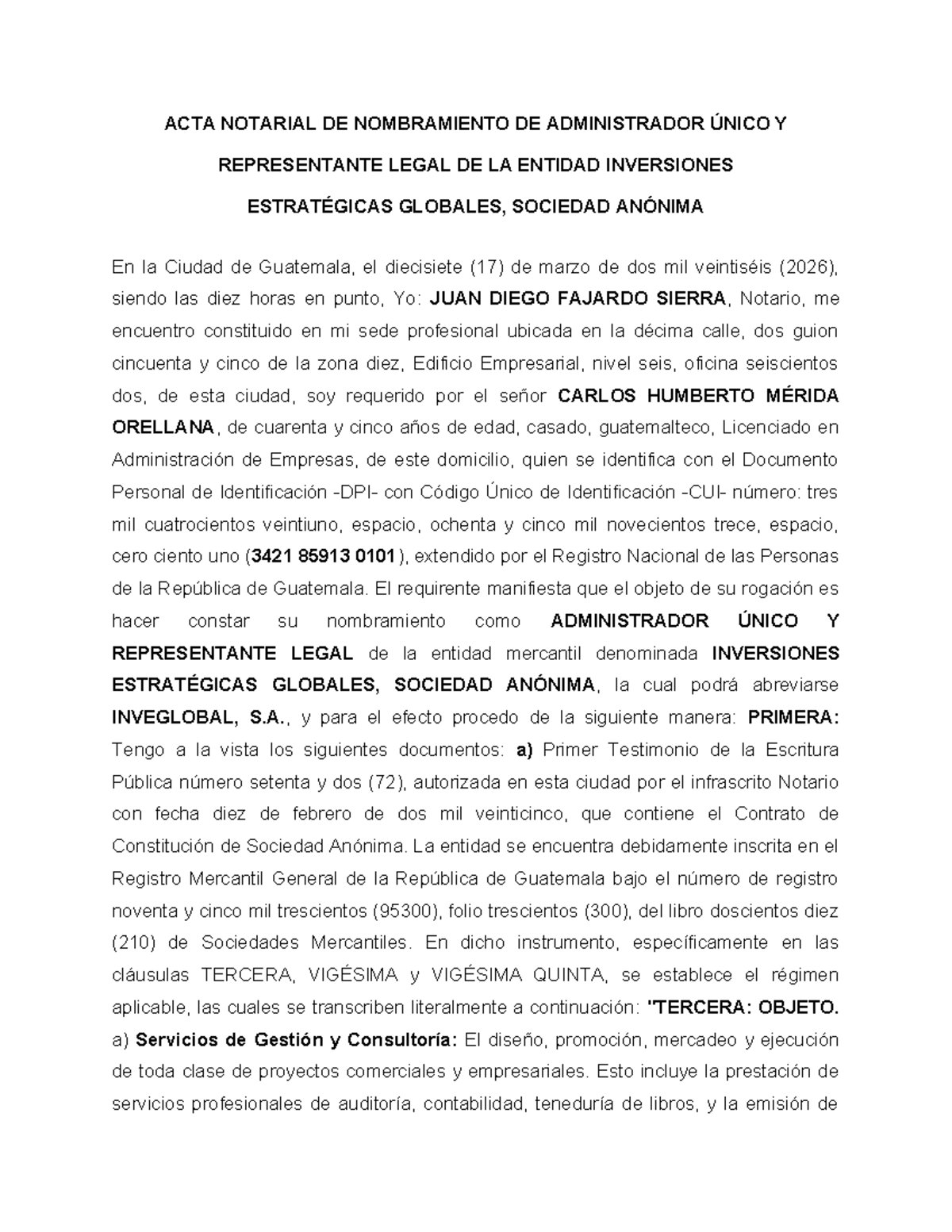 ACTA NOTARIAL DE NOMBRAMIENTO ADMINISTRADOR ÚNICO INVEGLOBAL, S.A ...