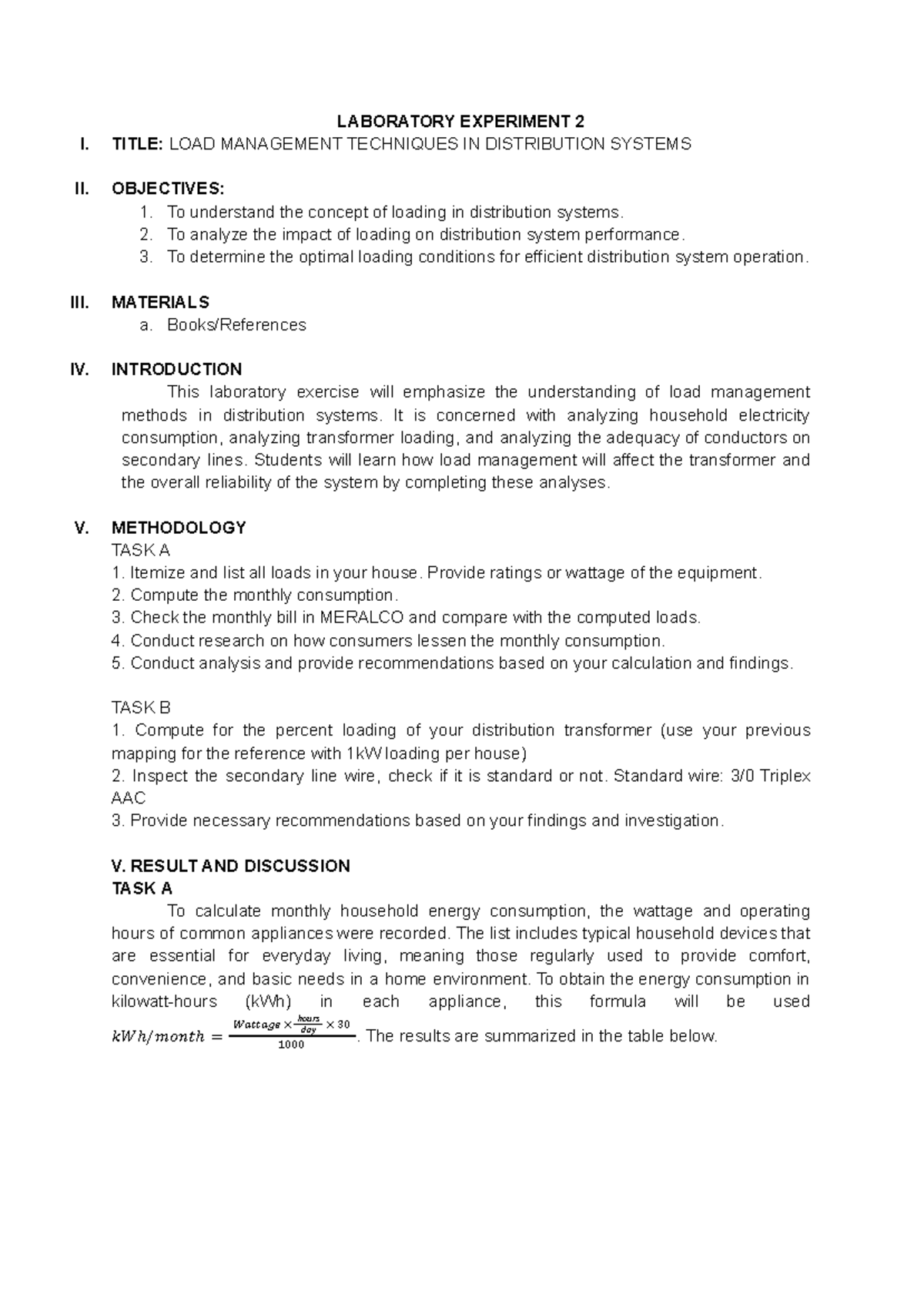 LABORATORY EXPERIMENT 2: LOAD MANAGEMENT TECHNIQUES IN DISTRIBUTION SYSTEMS - Studocu
