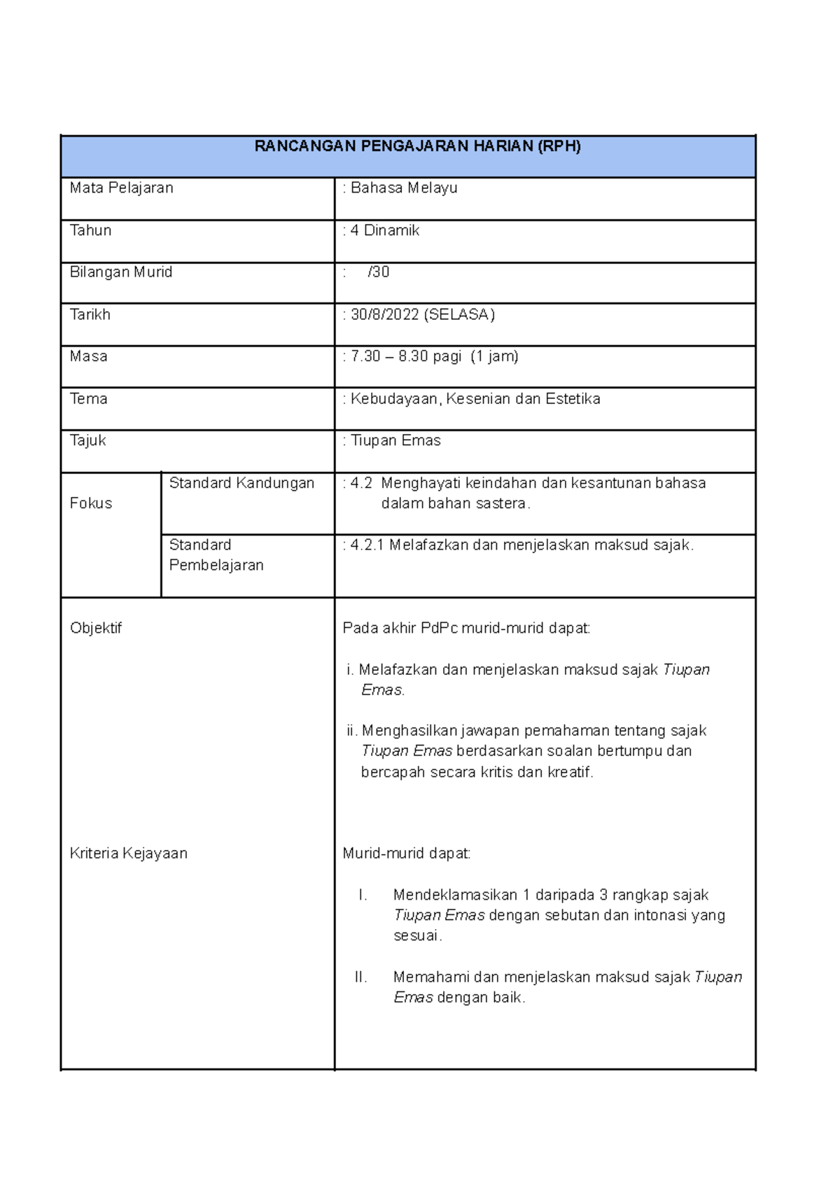 RPH 1 JAM Minggu 22 HARI Selasa (4 Dinamik) - RANCANGAN PENGAJARAN ...