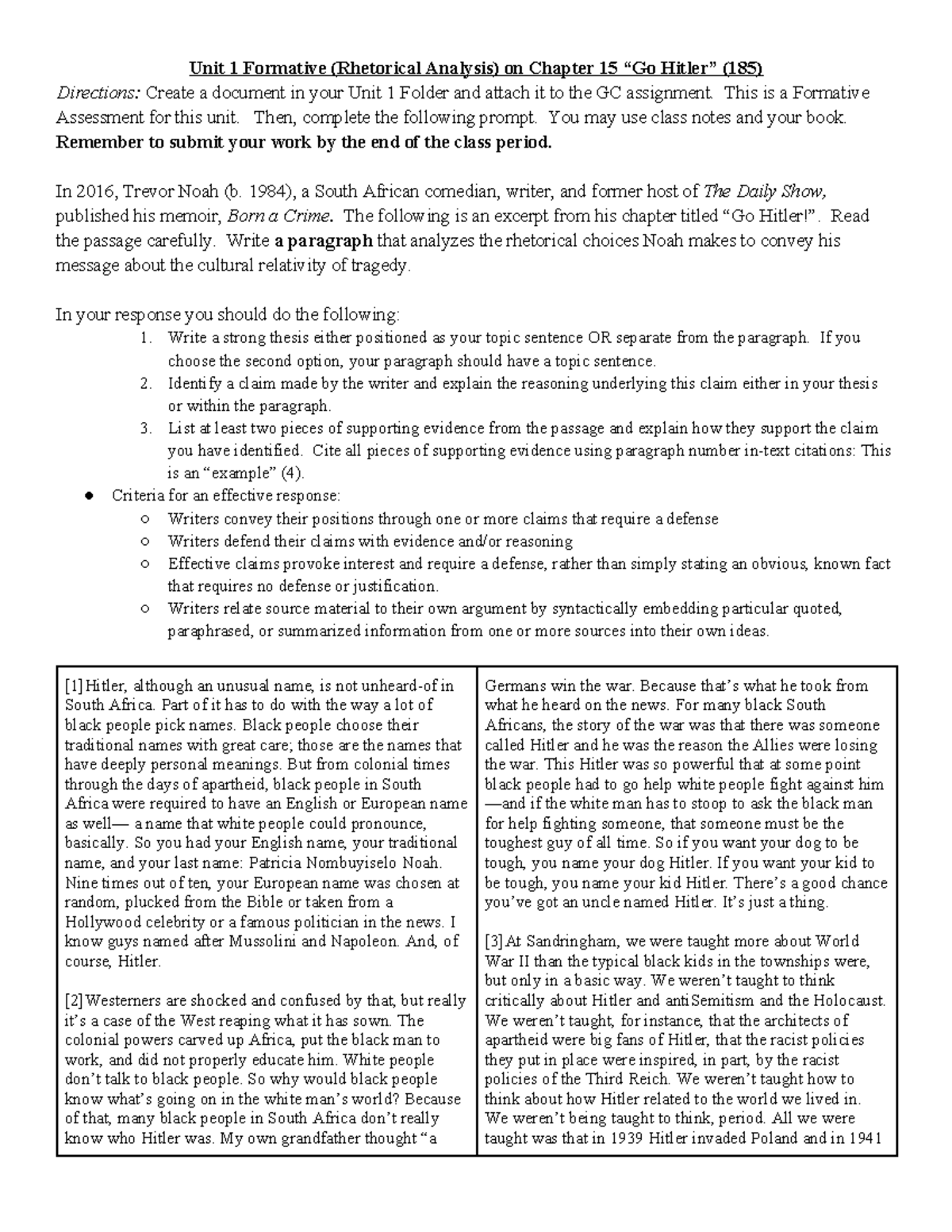 Unit 1 Formative Assessment: Rhetorical Analysis of Noah's Chapter 15 ...